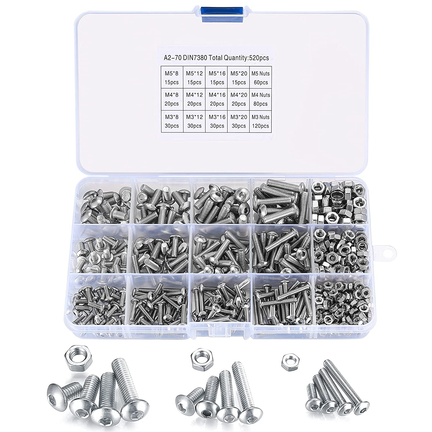 520 Pieces Screws With Nuts, M3/M4/M5 Stainless Steel Hex Head Screws ...