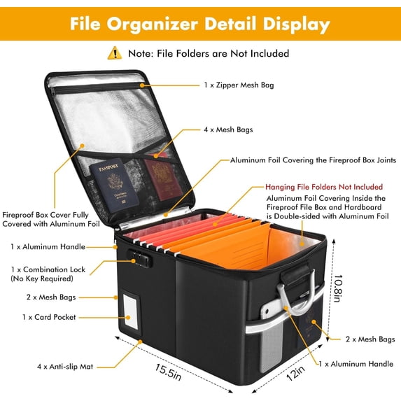 5200°F Fireproof Document Box with Lock, Heat Insulated Filing Cabinet ...