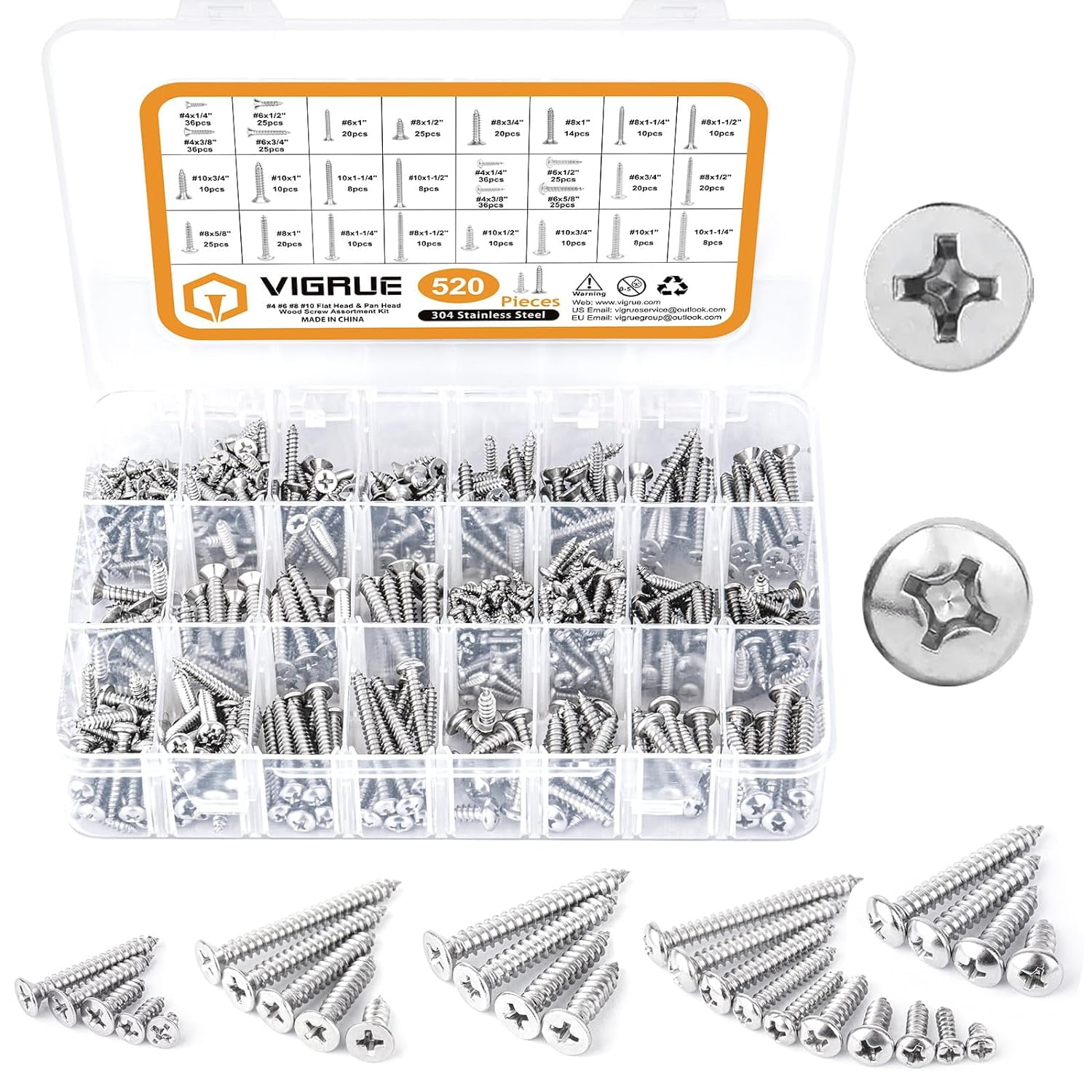 520pcs 304 Stainless Steel Wood Screw Assortment Kit, #4#6#8#10 Flat ...