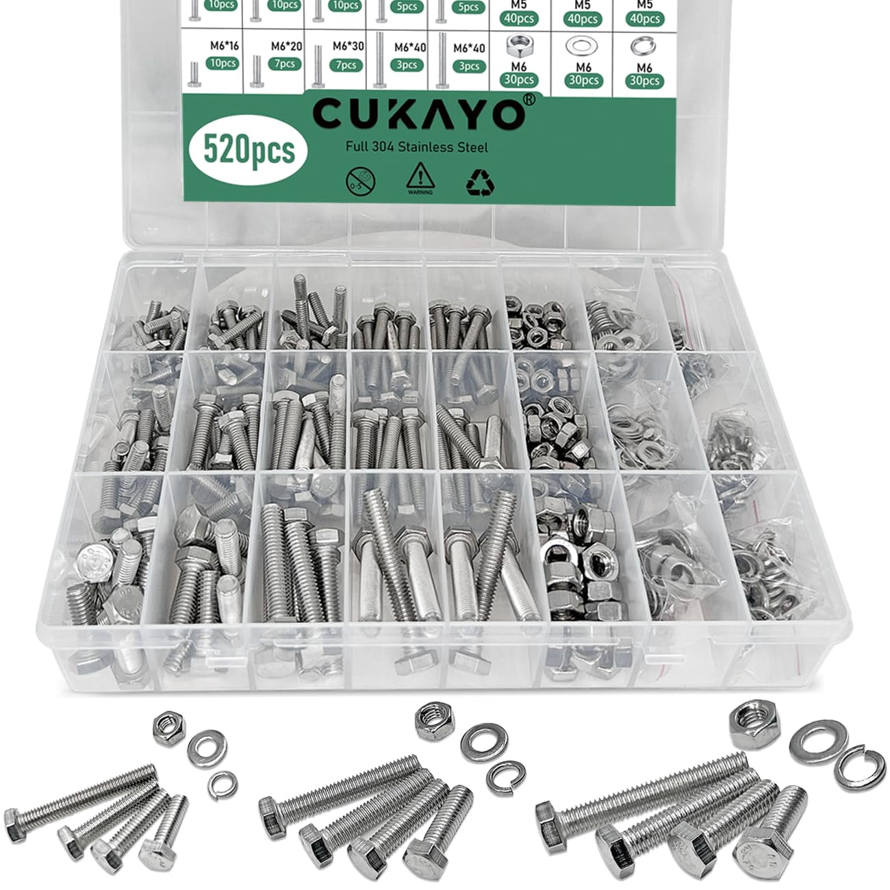 520pcs Hex Bolt and Nuts and Washers Assortment Kit, 304 Stainless ...