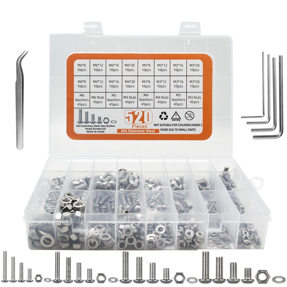 520pcs M3 M4 M5 M6 Screw Assortment with Nuts Washers Hex Socket Set ...