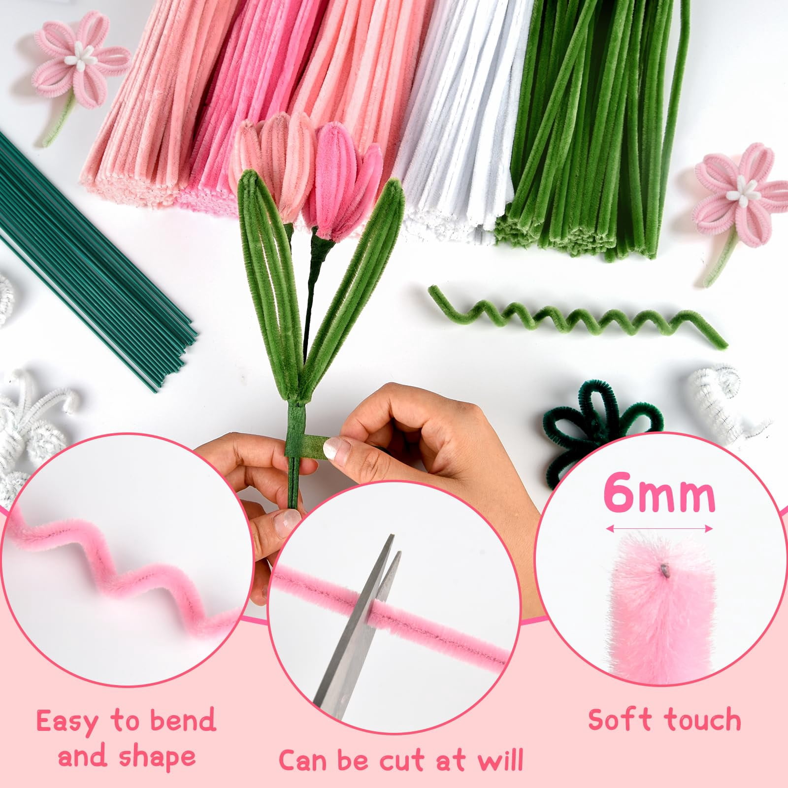 521 Pipe Cleaners Craft Set Pink Series 5 Colors Bulk Pastel Chenille ...