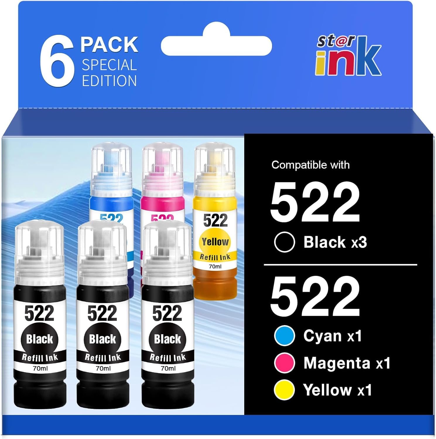 522 Ink Refill Bottles High Capacity (6 Bottles) ET-2800 ET-2400 ET ...