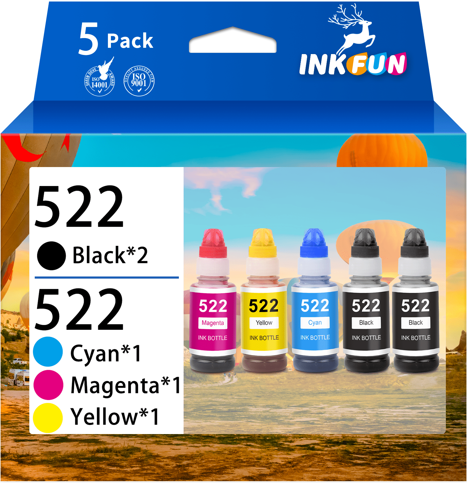 Inkfun 5-Pack 522 T522 High-Yield Ink Bottle for Epson EcoTank ET-2720 ...