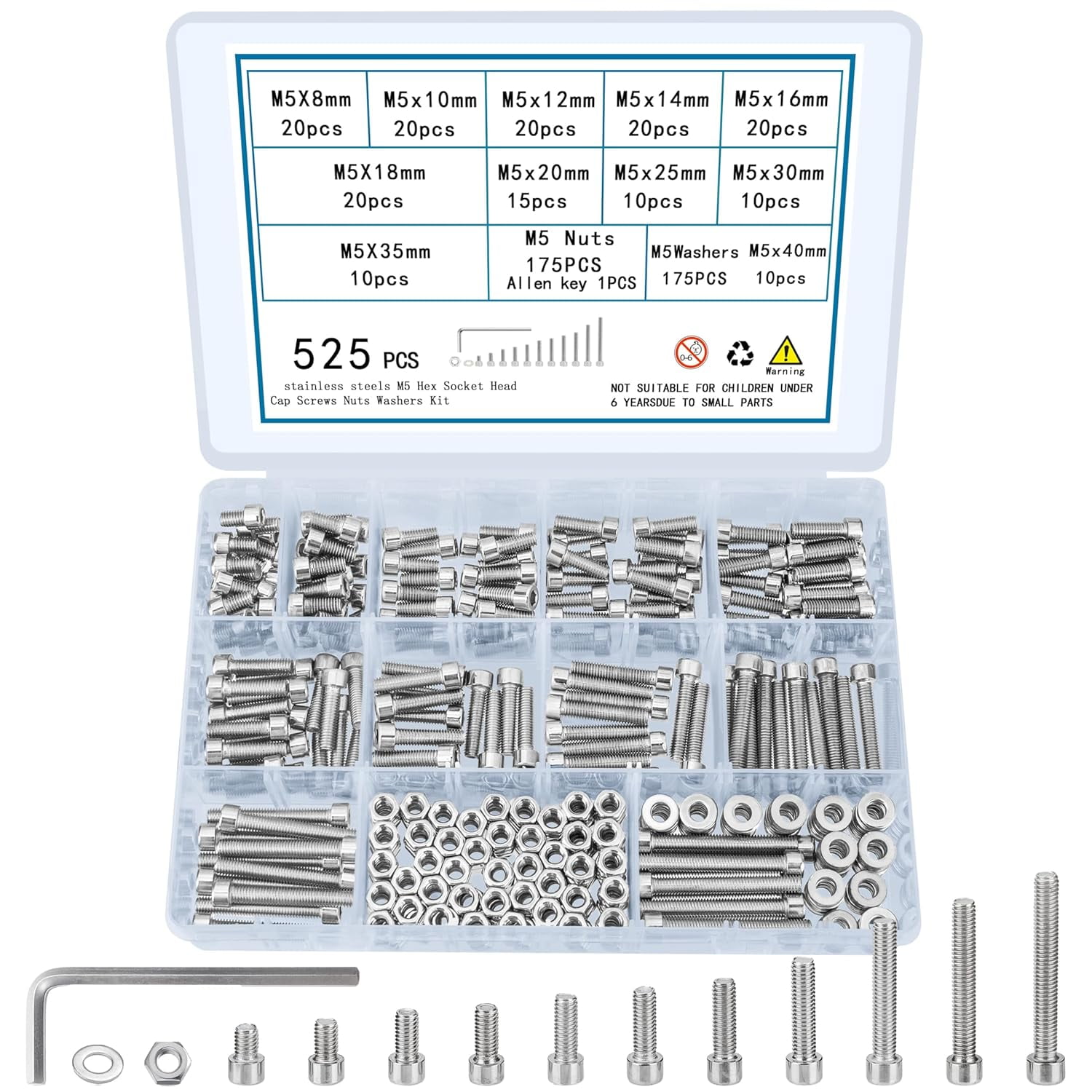 525 Pcs M5 Screws and Nuts Set, Hex Socket Head Cap Screws Bolts and ...