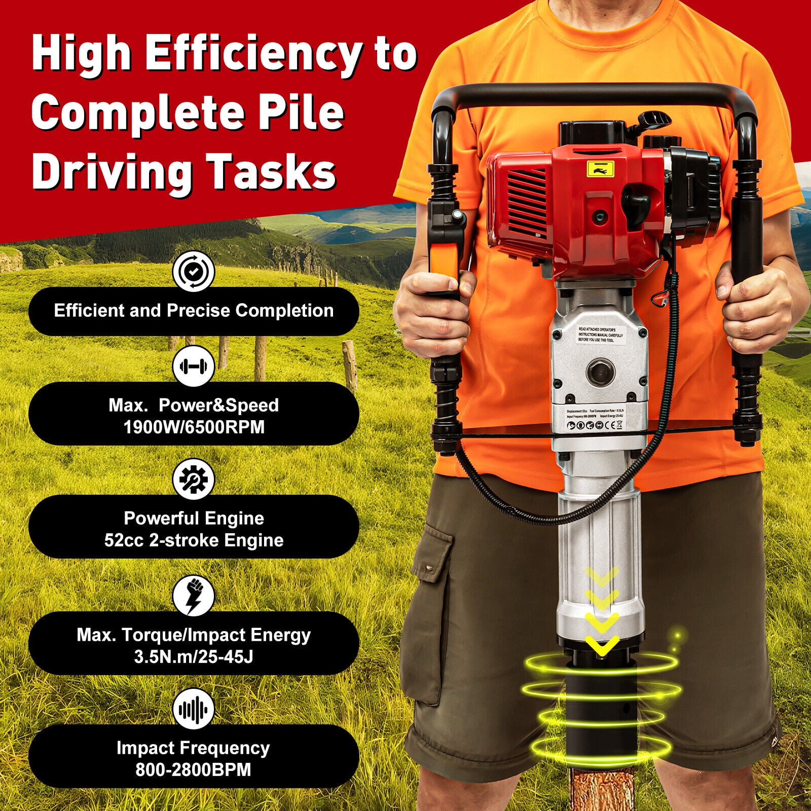 52CC 2.3HP Heavy Duty Gas Powered Fence Pile Driver T-Post Push Gasoline Engine - Walmart.com