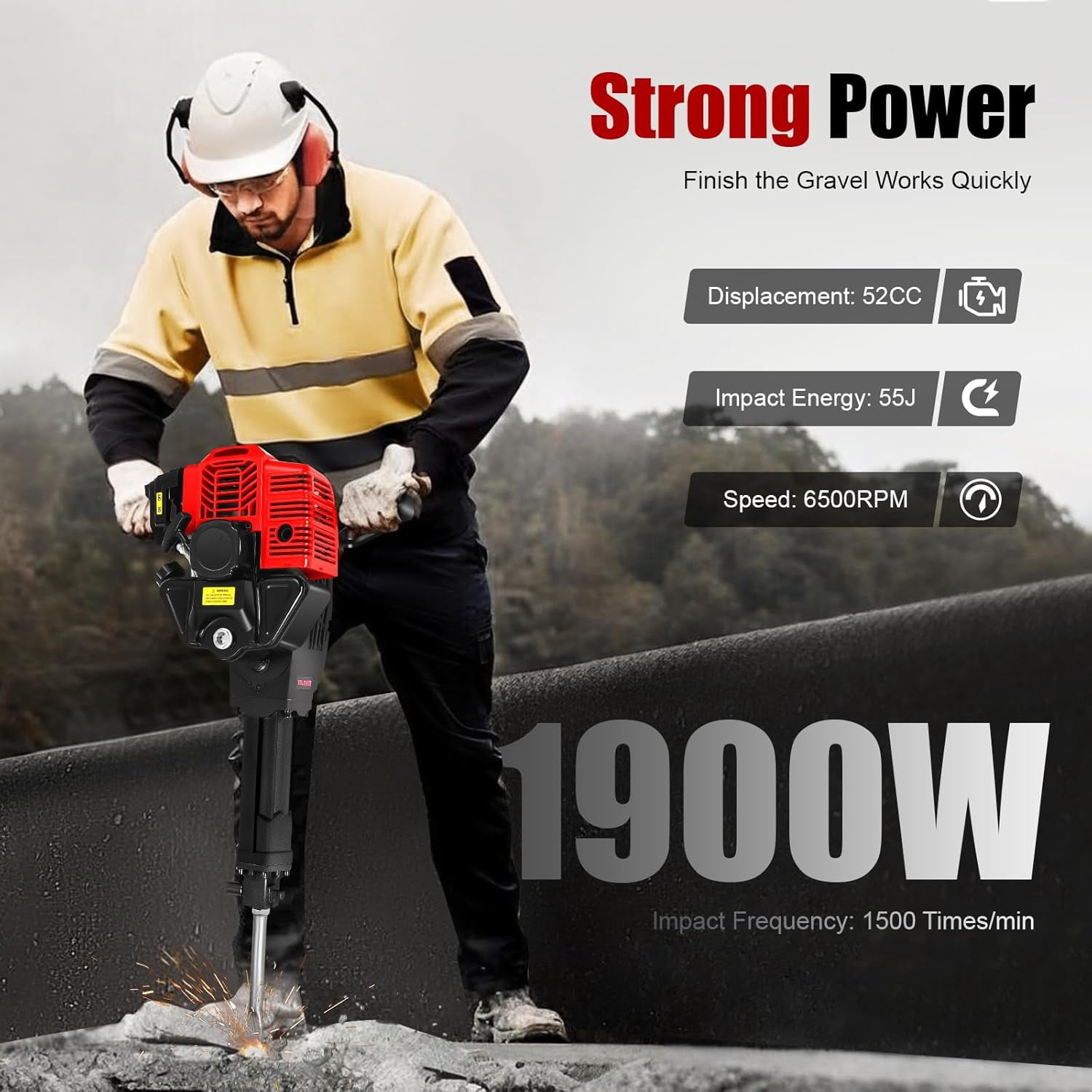 52CC 2-Stroke Demolition Jack Hammer, Gas Powered Concrete Breaker ...