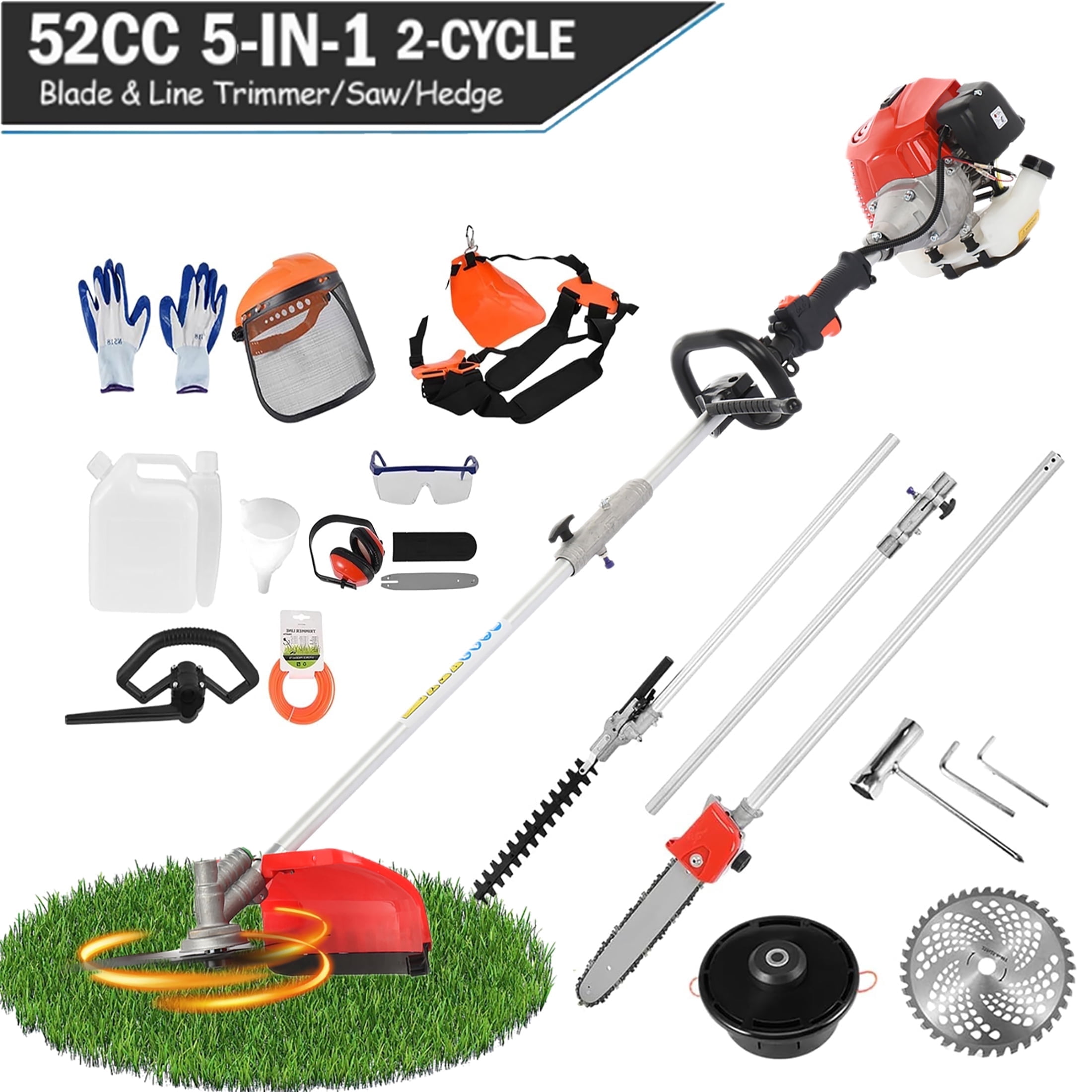 52CC Gas Grass Trimmer 2-Cycle, 5 in 1 Trimming Tool Kit with Gas Pole ...