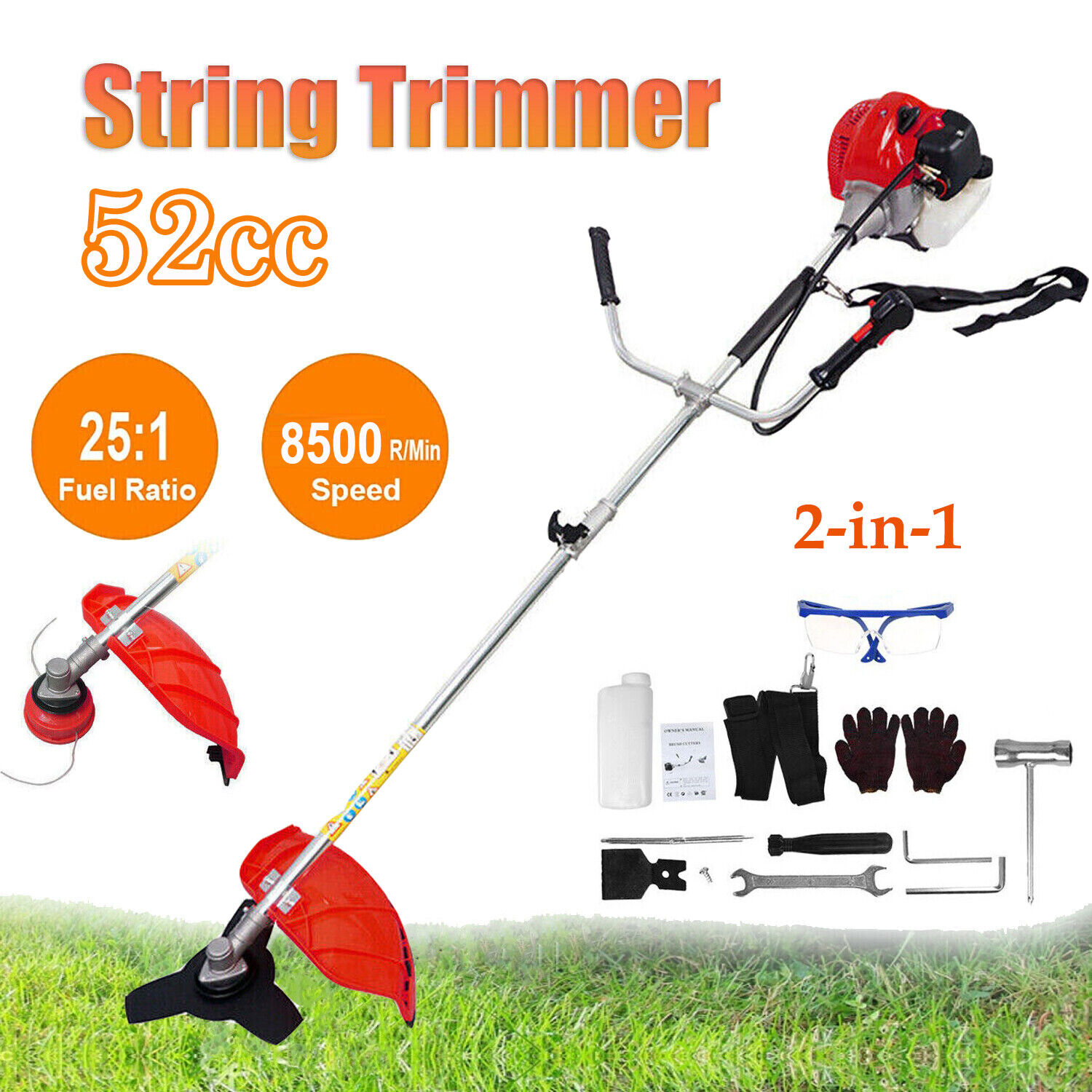 52CC Straight Shaft Grass Trimmer 2IN1 Pole Brush Cutter Gas Powered ...