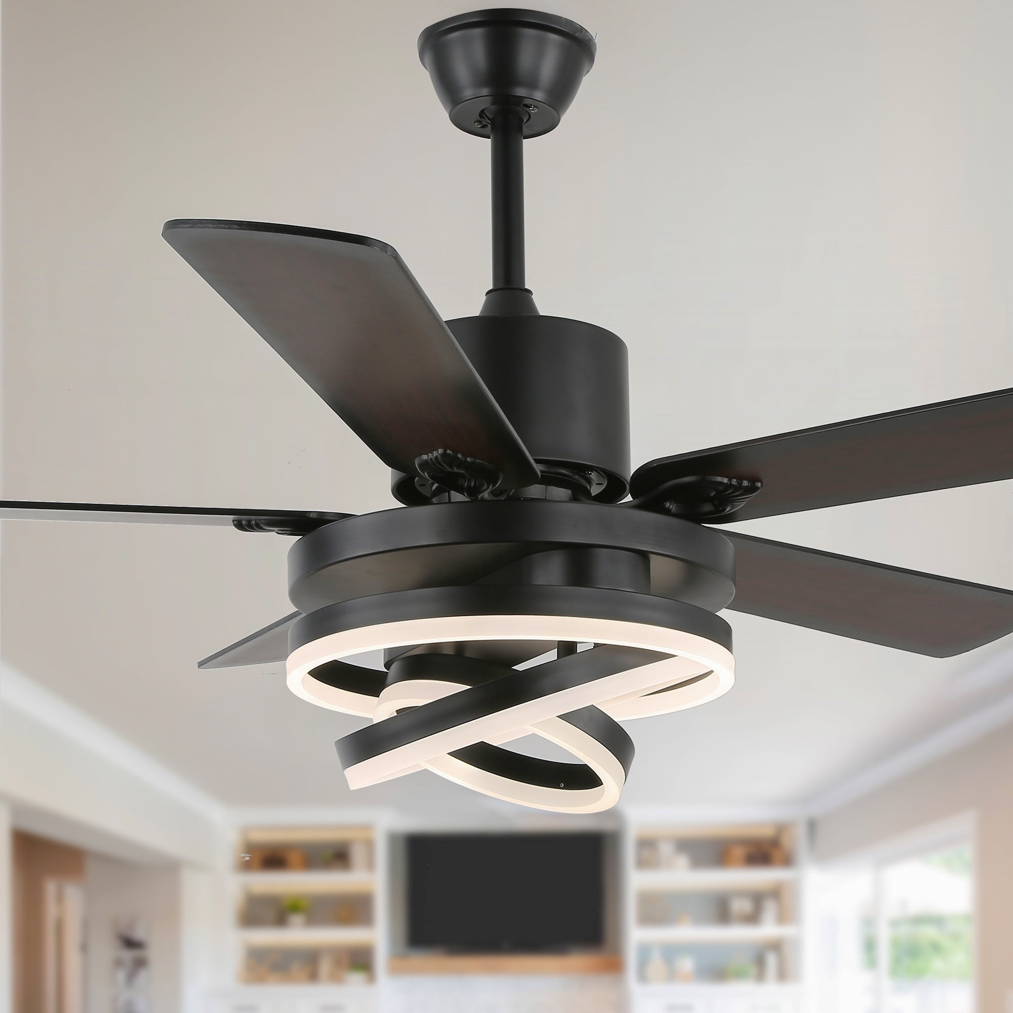 52Inch Modern Black Indoor Reversible Ceiling Fan with LED Light, 3 ...