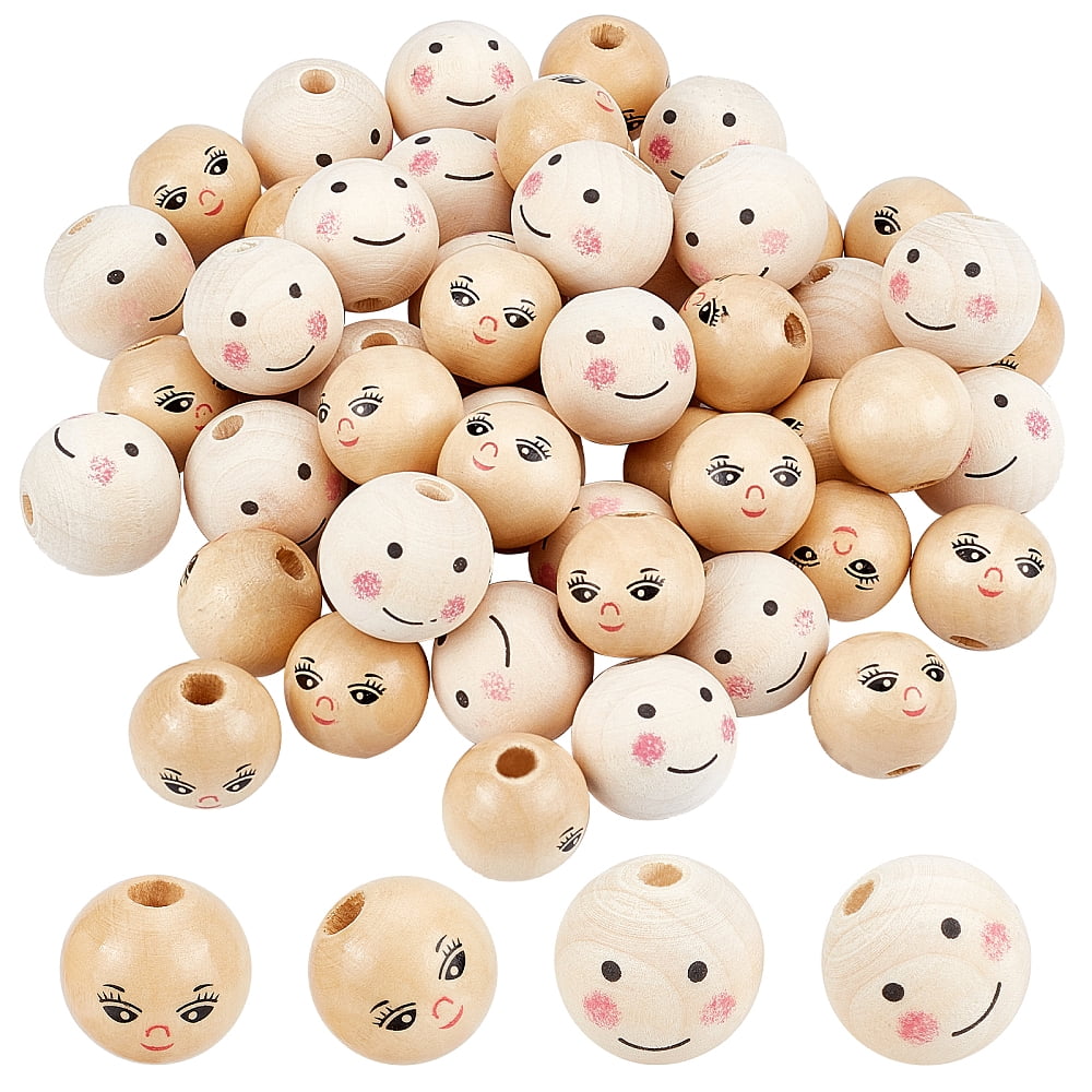 52Pcs 2 Style Spray Painted Wood Beads Large Hole Beads Round with Face ...
