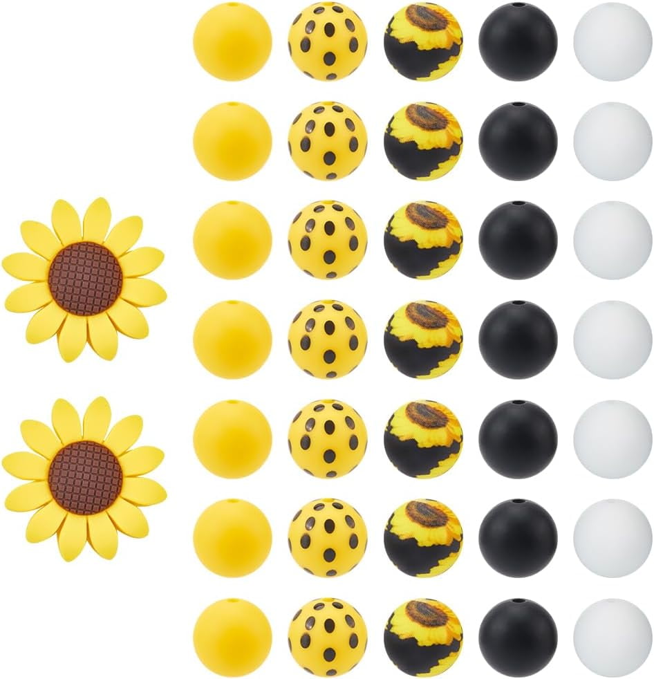 52Pcs 6 Styles Sunflower Silicone Beads Kit Flower Bead Set Yellow ...
