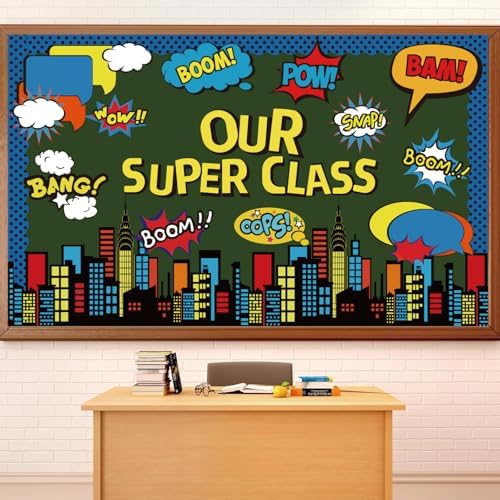52Pcs Super Themed Hero Bulletin Board Decoration Set Cityscape Saying ...
