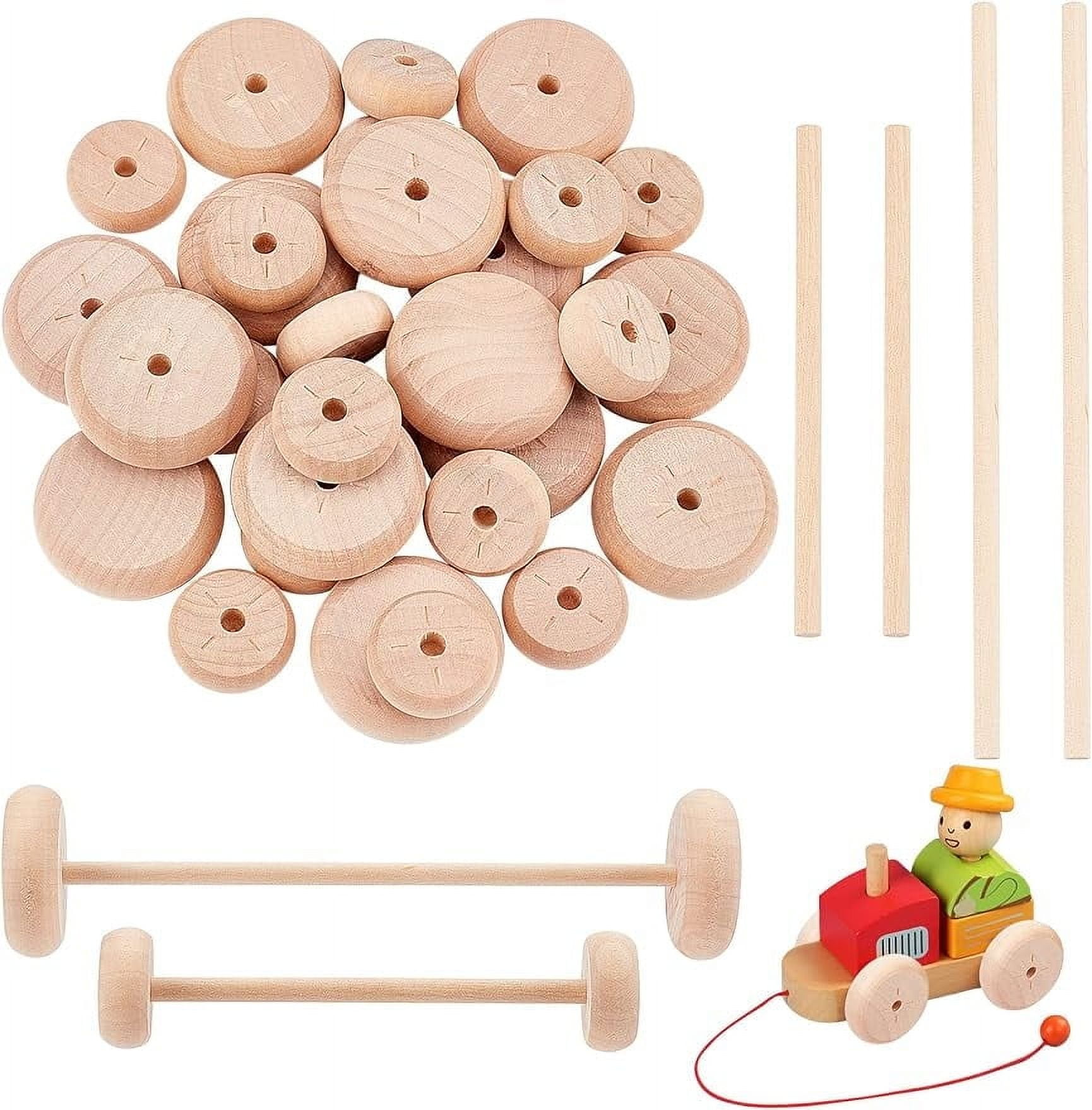 52Pcs Wood Craft Wheels Unfinshed Wooden Wheel with Wooden Sticks for ...