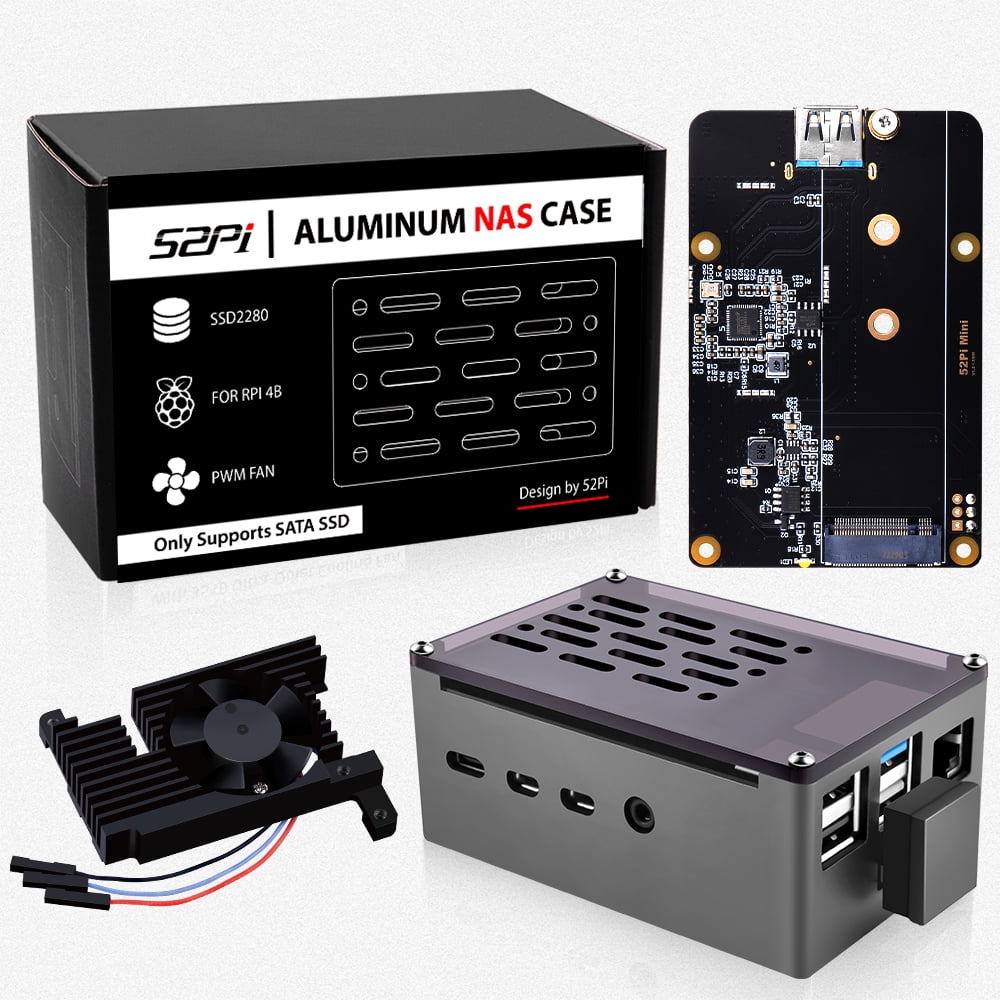 52Pi Aluminum NAS Case for Raspberry Pi 4 with PWM Fan and M.2 SATA SSD ...