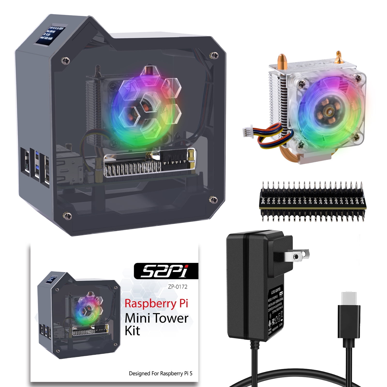 52Pi Mini Tower Kit with 27W Power Supply for Raspberry Pi 5, Pi 5 Case ...