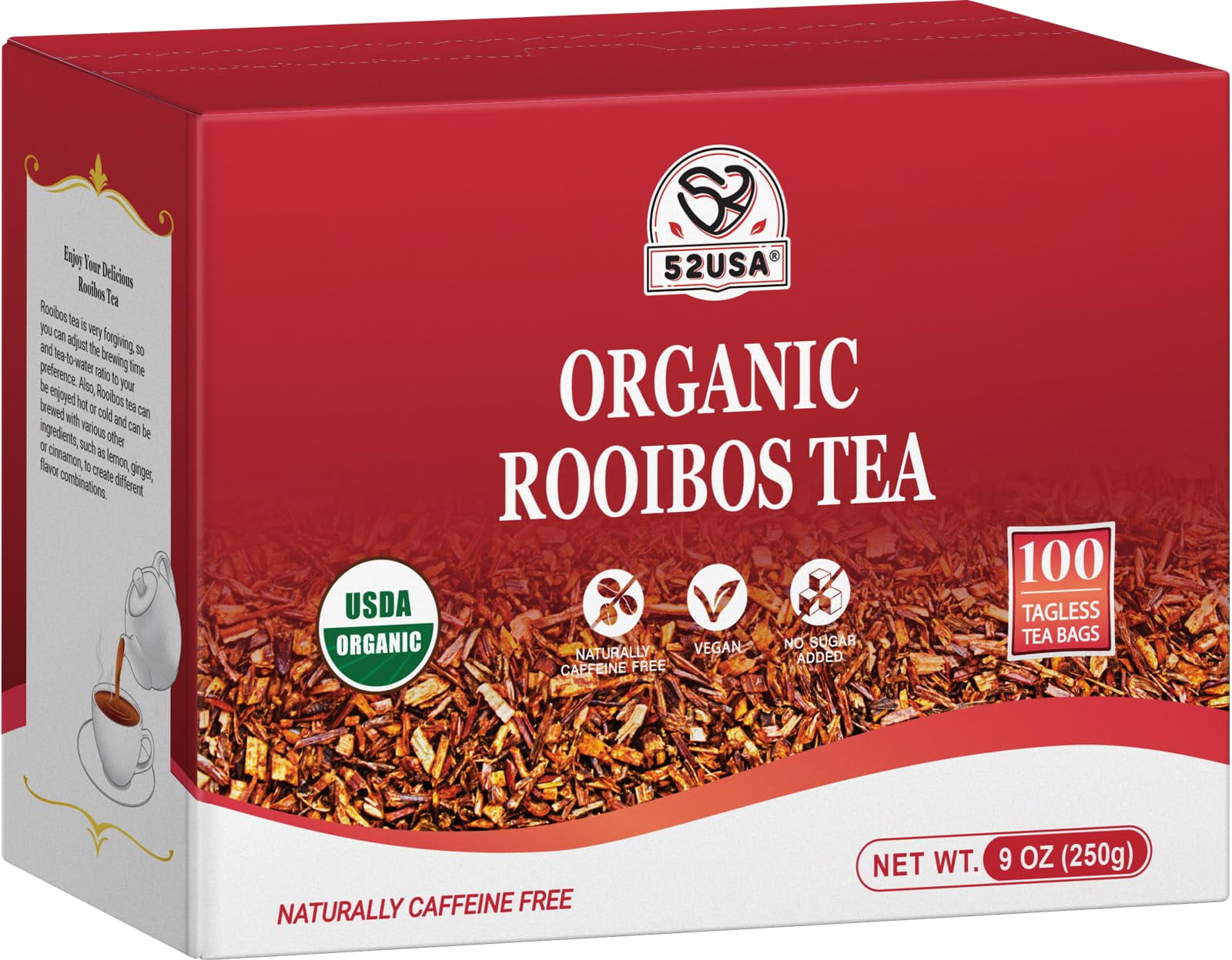 52USA Organic Rooibos Tea, 100 Tea Bags, Caffeine-Free Herbal Tea, 9oz ...