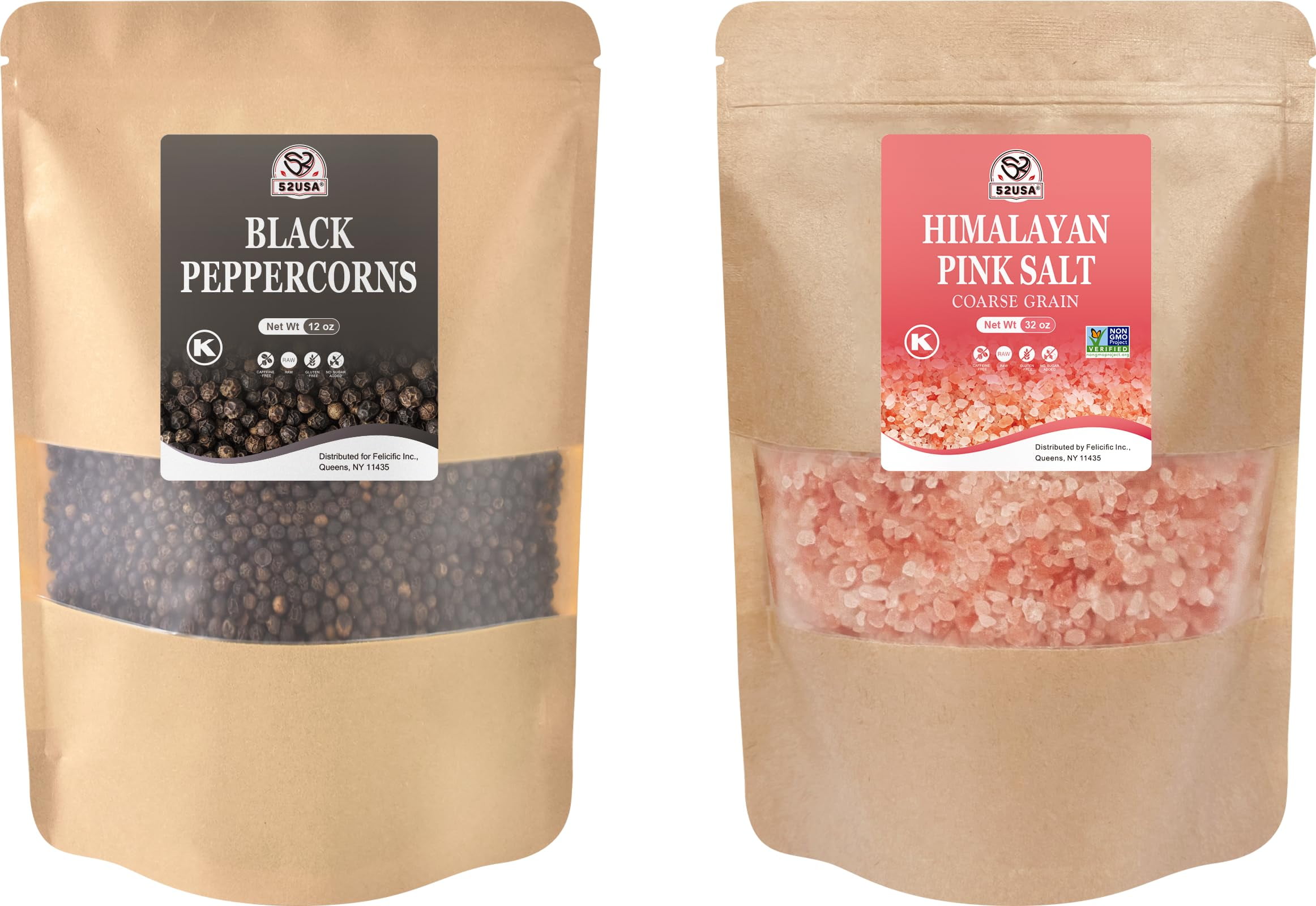 52USA Whole Black Peppercorns VTF5 12 oz + Himalayan Pink Salt (Coarse ...
