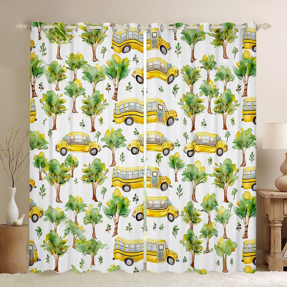 (52Wx84L) 2 Panels Yellow Bus Curtains & Drapes Cute Tree Curtains ...