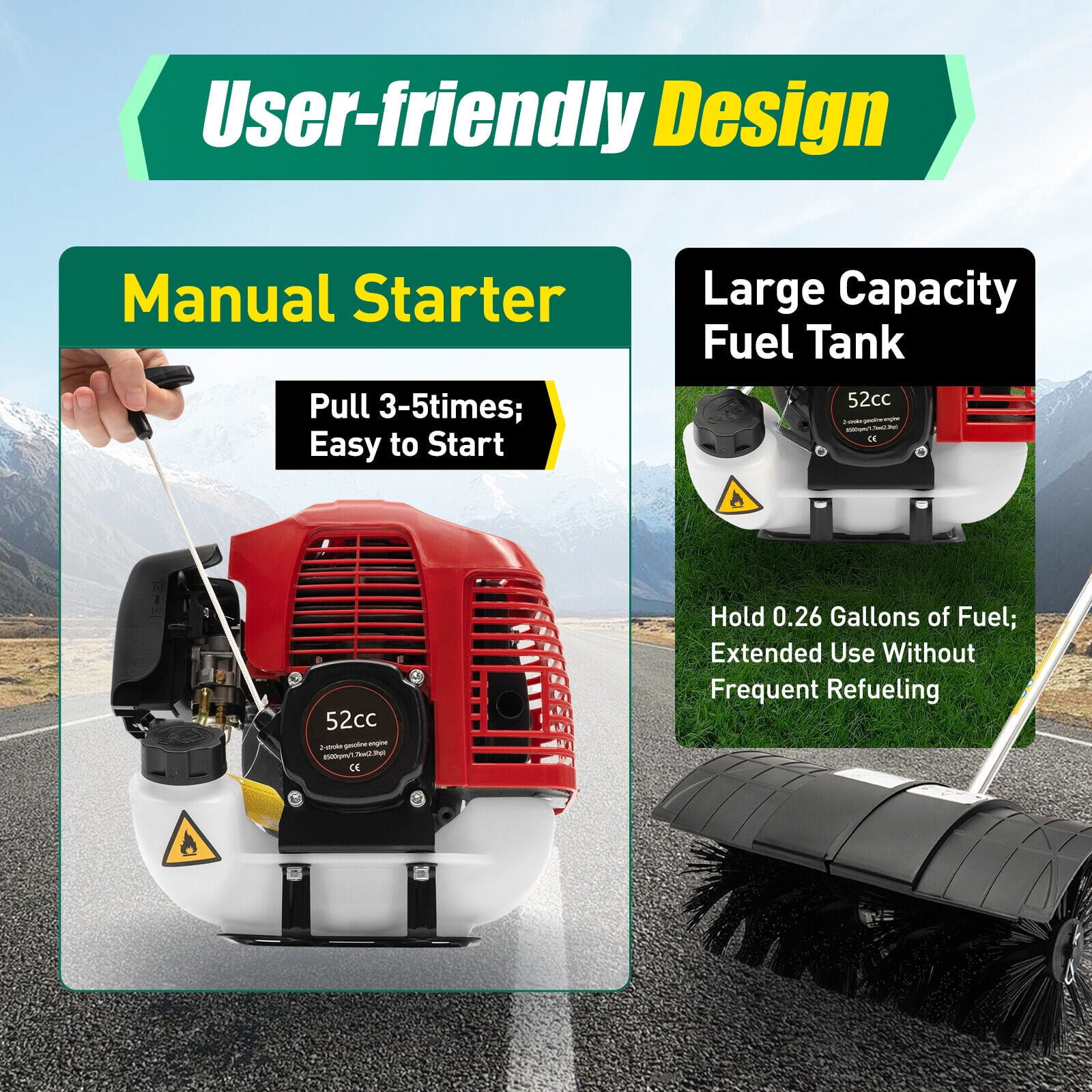 52cc 2.3 HP Petrol Powered Sweeper Gasoline Engine Power Broom Brush ...