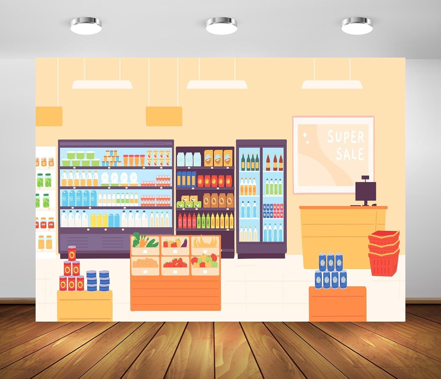 52in*60in Fabric Cartoon Supermarket Backdrop Grocery Shop Food Shelf ...