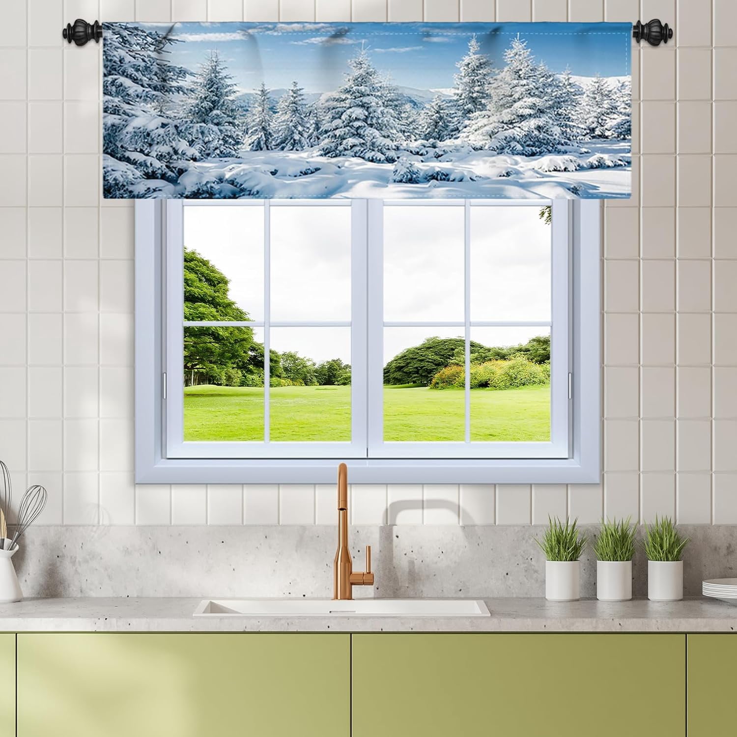 52x18 Inch Snowy Cedar Trees Kitchen Curtains Vanlance Spruce Forest ...