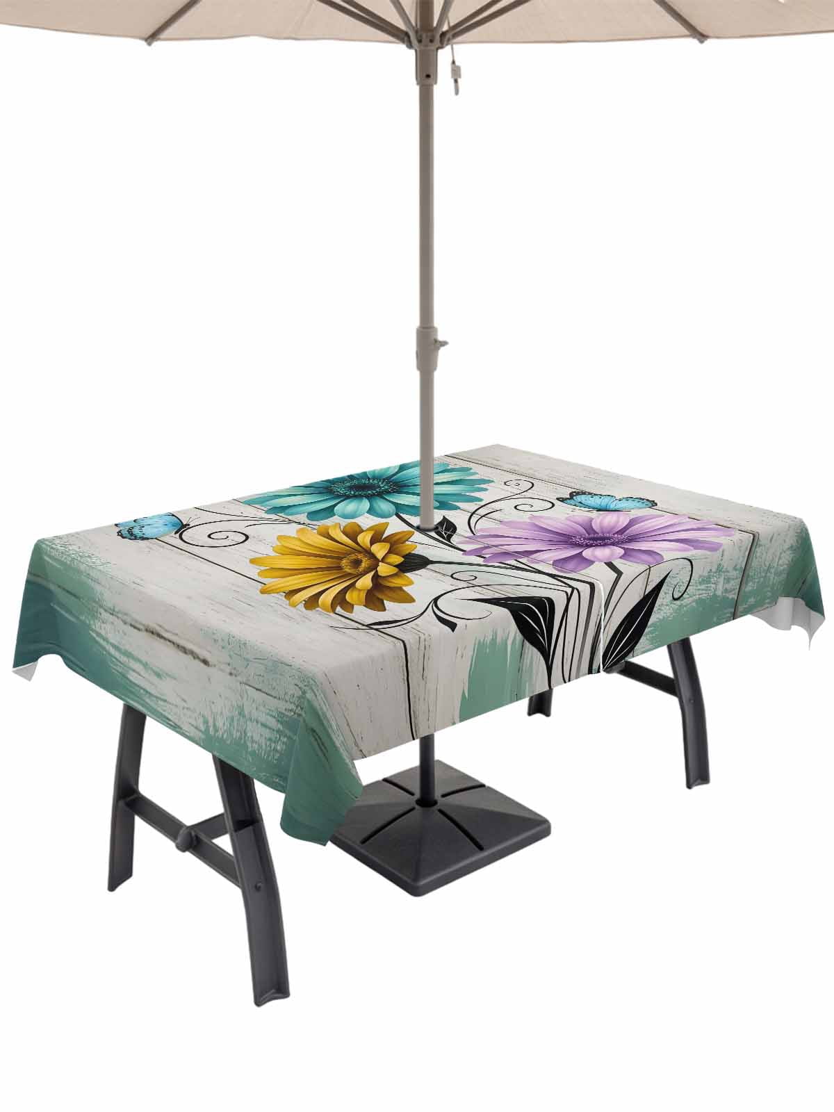 52x70 Inch Outdoor Tablecloth with Umbrella Hole Zipper Rectangle Teal ...