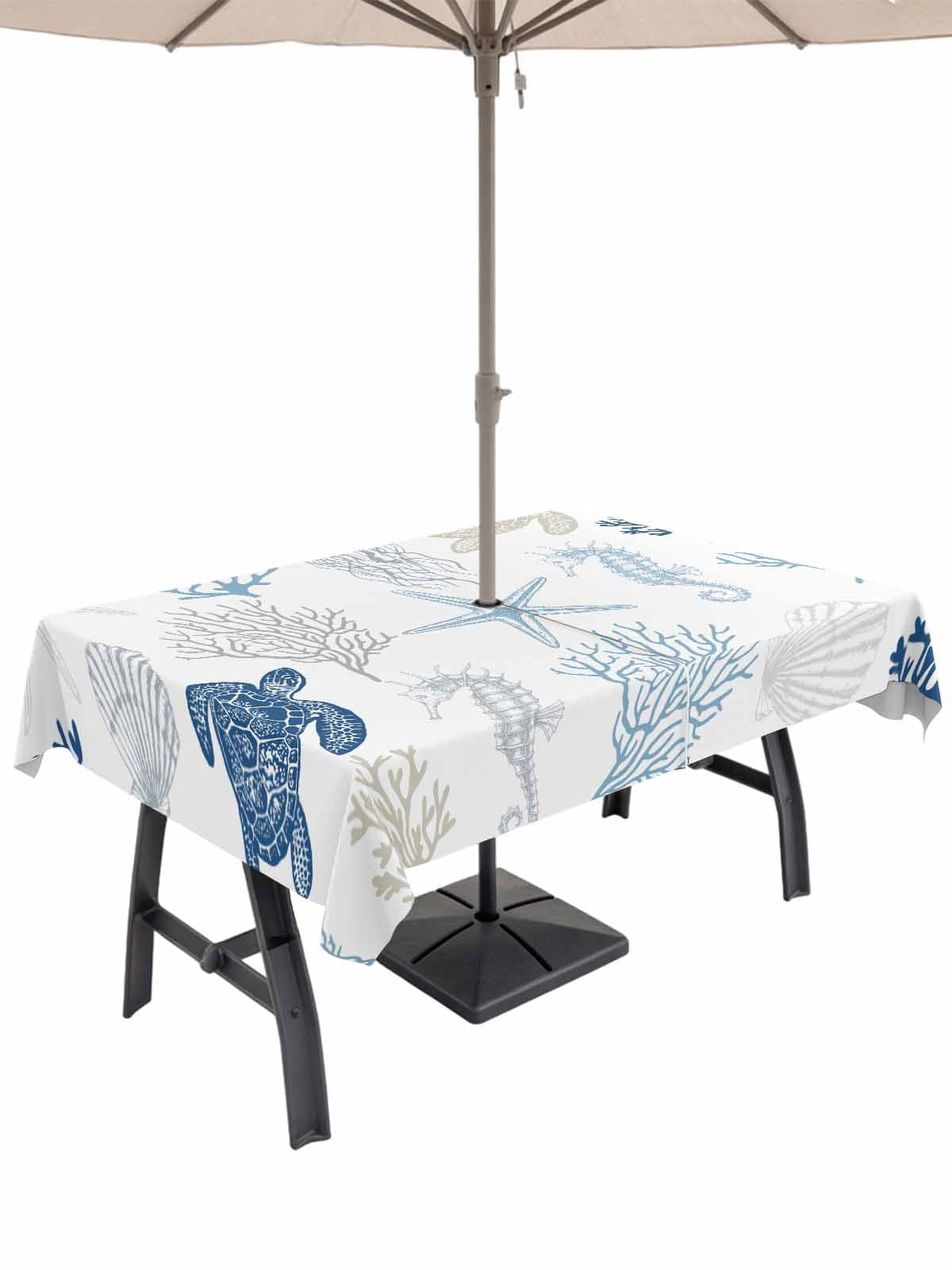 52x70 Tablecloth Rectangle, Navy Blue Coastal Outdoor Tablecloth with ...