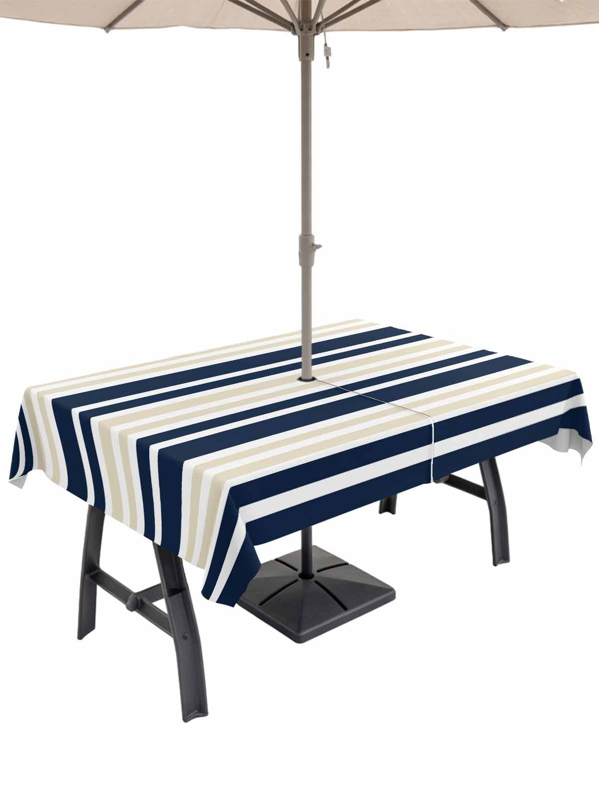 52x70 Tablecloth Rectangle, Navy Blue Khaki Striped Outdoor Tablecloth ...