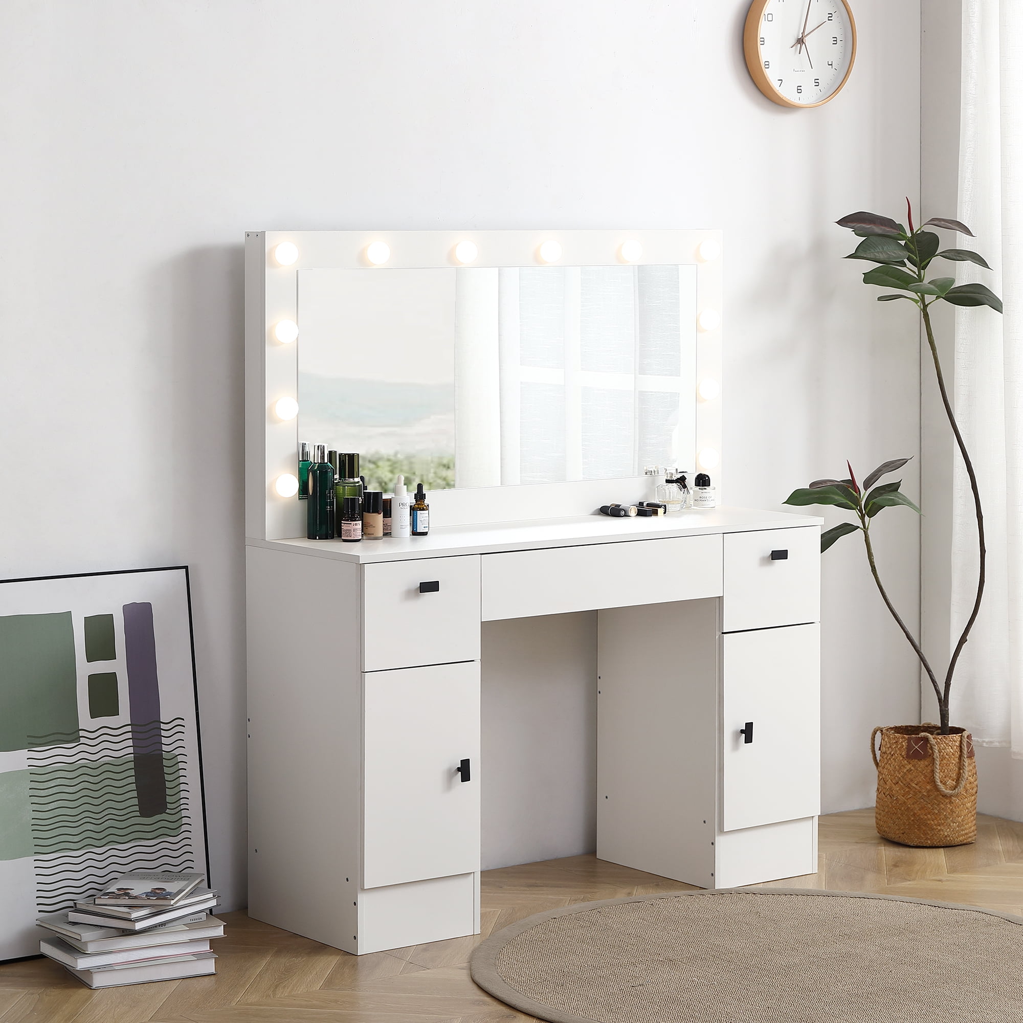 53.1"H Makeup Vanities Desk With 2doors And 3 Drawers, LED Light, Large ...