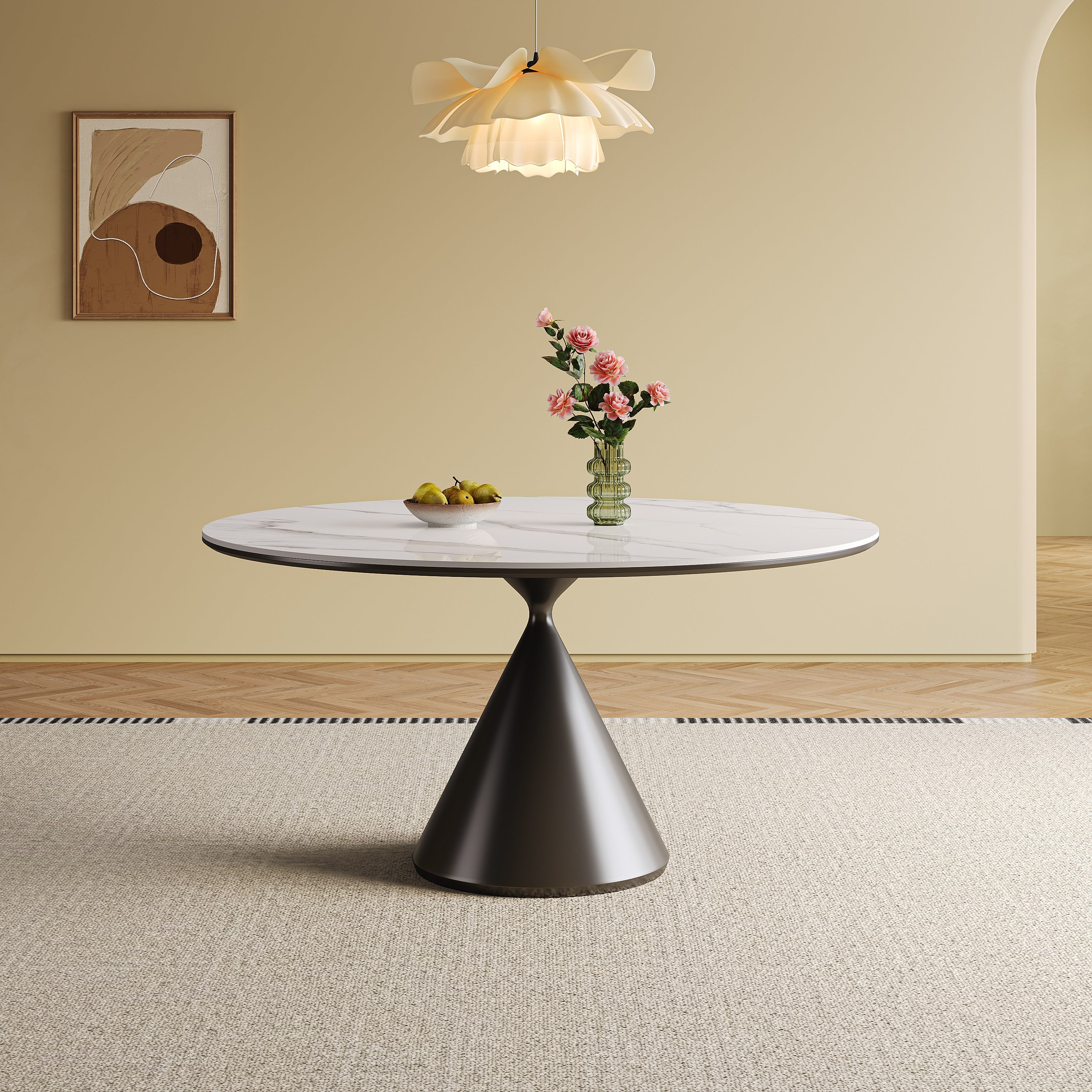 53.1" Round Sintered Stone Table w/Luxury Cone Pedestal & Marble Design ...