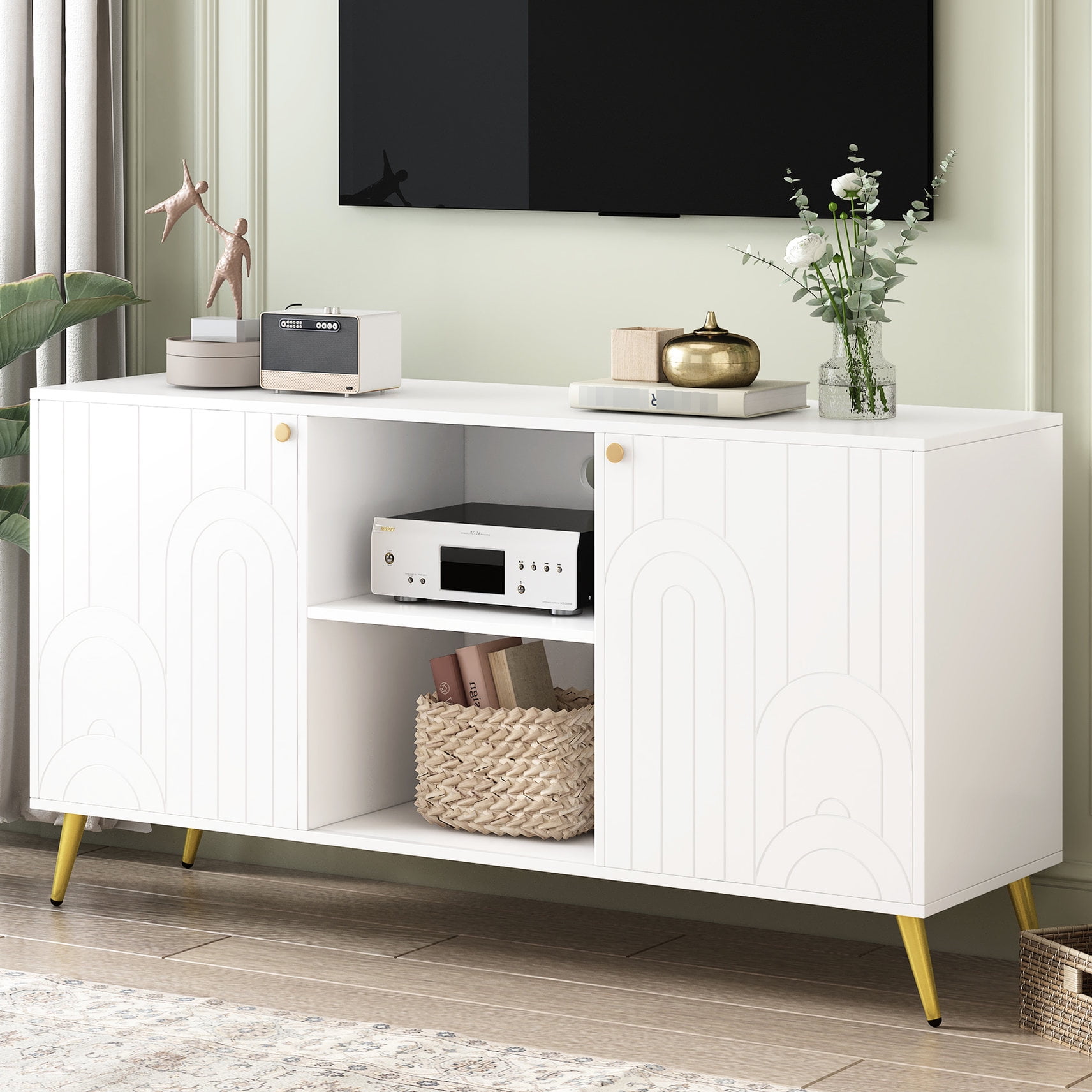 53.1'' Wide TV Console, Gray Panels, Adjustable Shelf / Stylish and ...