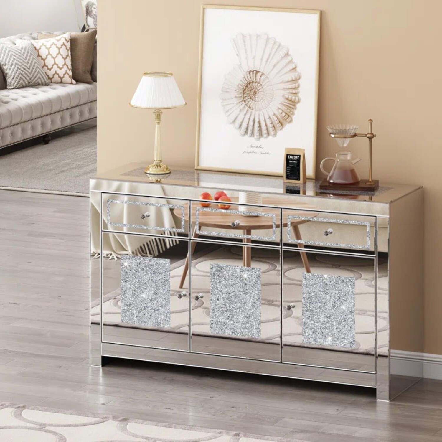 53.15'' Mirrored Glass Sideboard With 3 Drawers 3 Doors Silver Dining ...