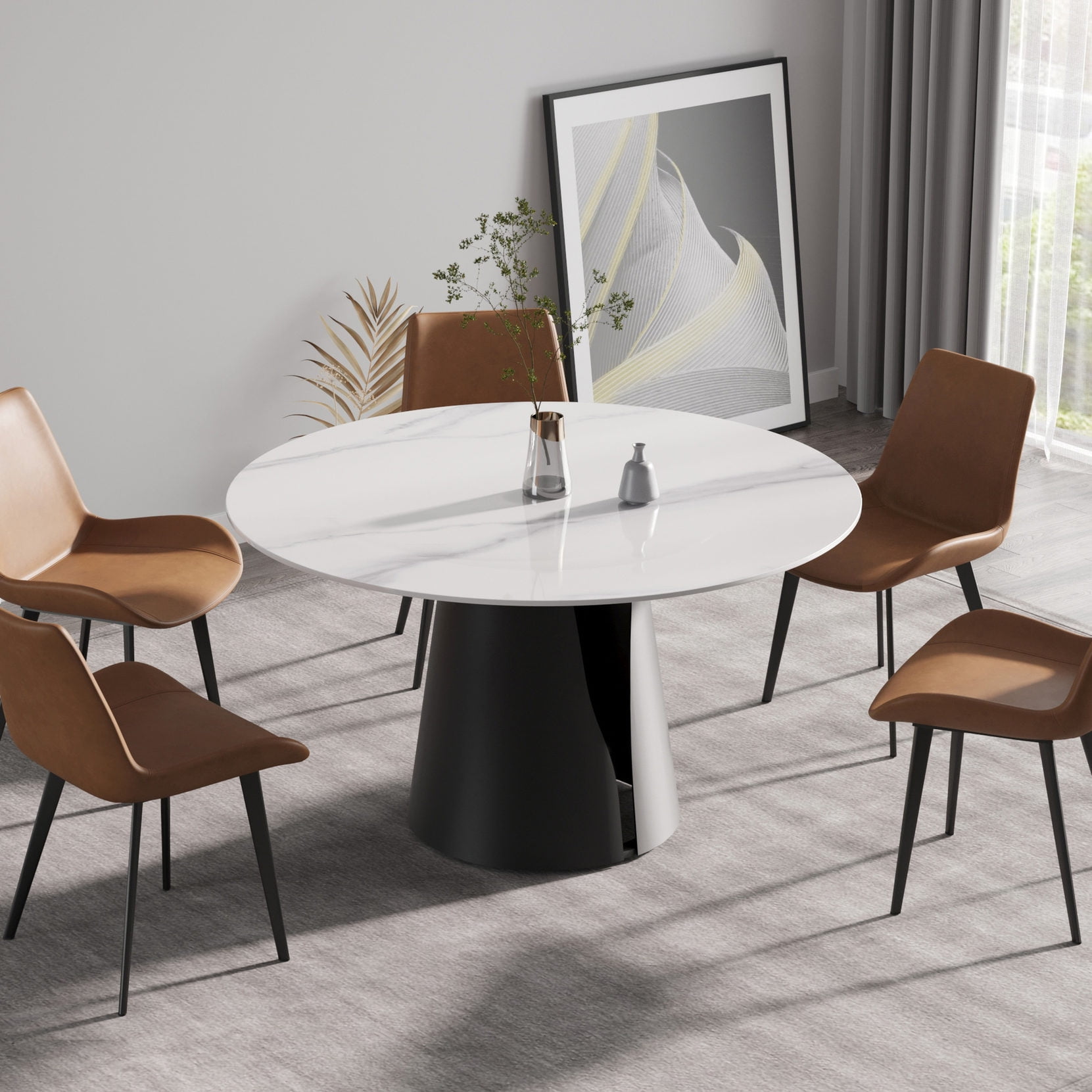 53.15" Round Sintered Stone Dining Table for 6 | Stable Carbon Steel ...