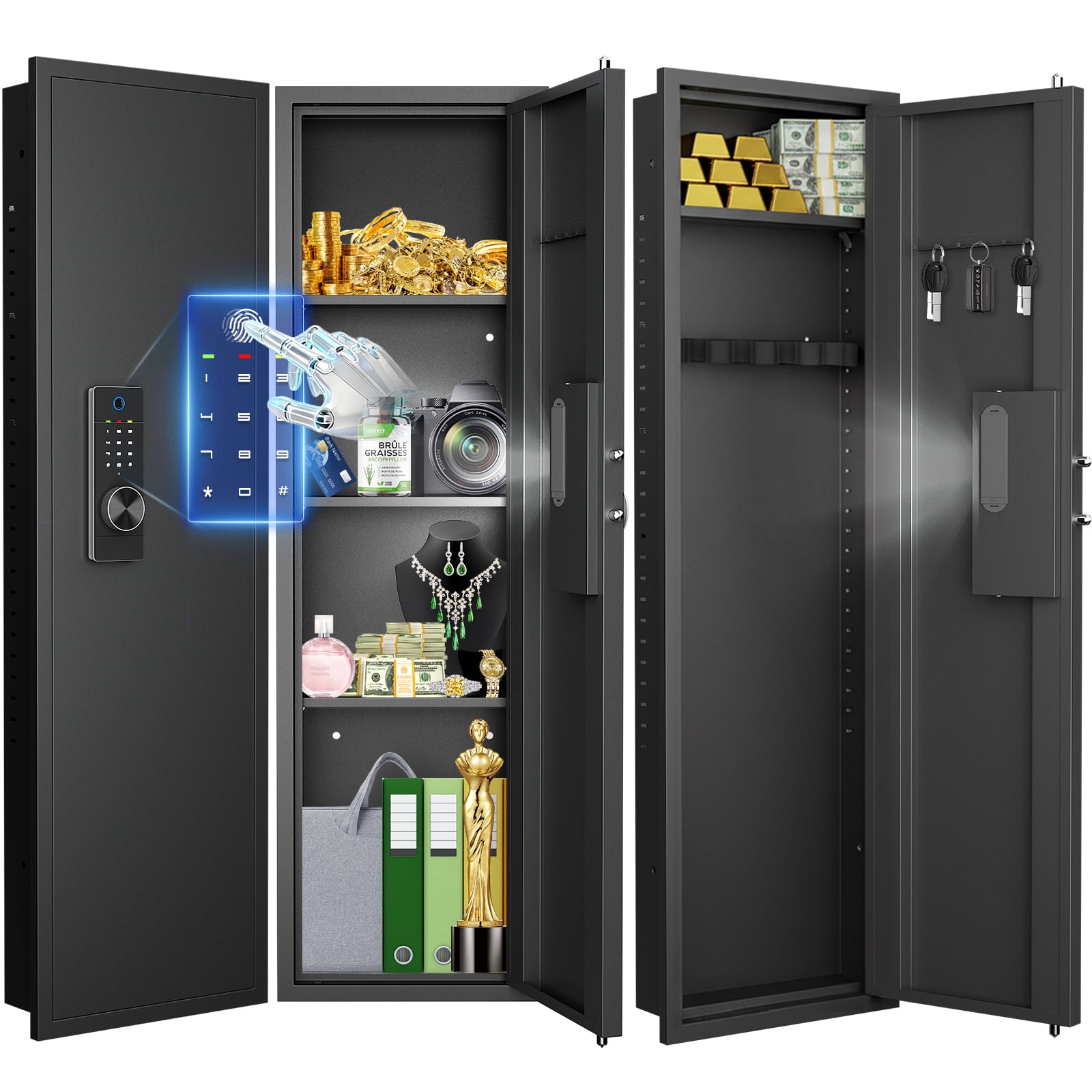 53.15" Wall Gun Cabinet, Biometric Fingerprint Hidden Gun Safe With ...