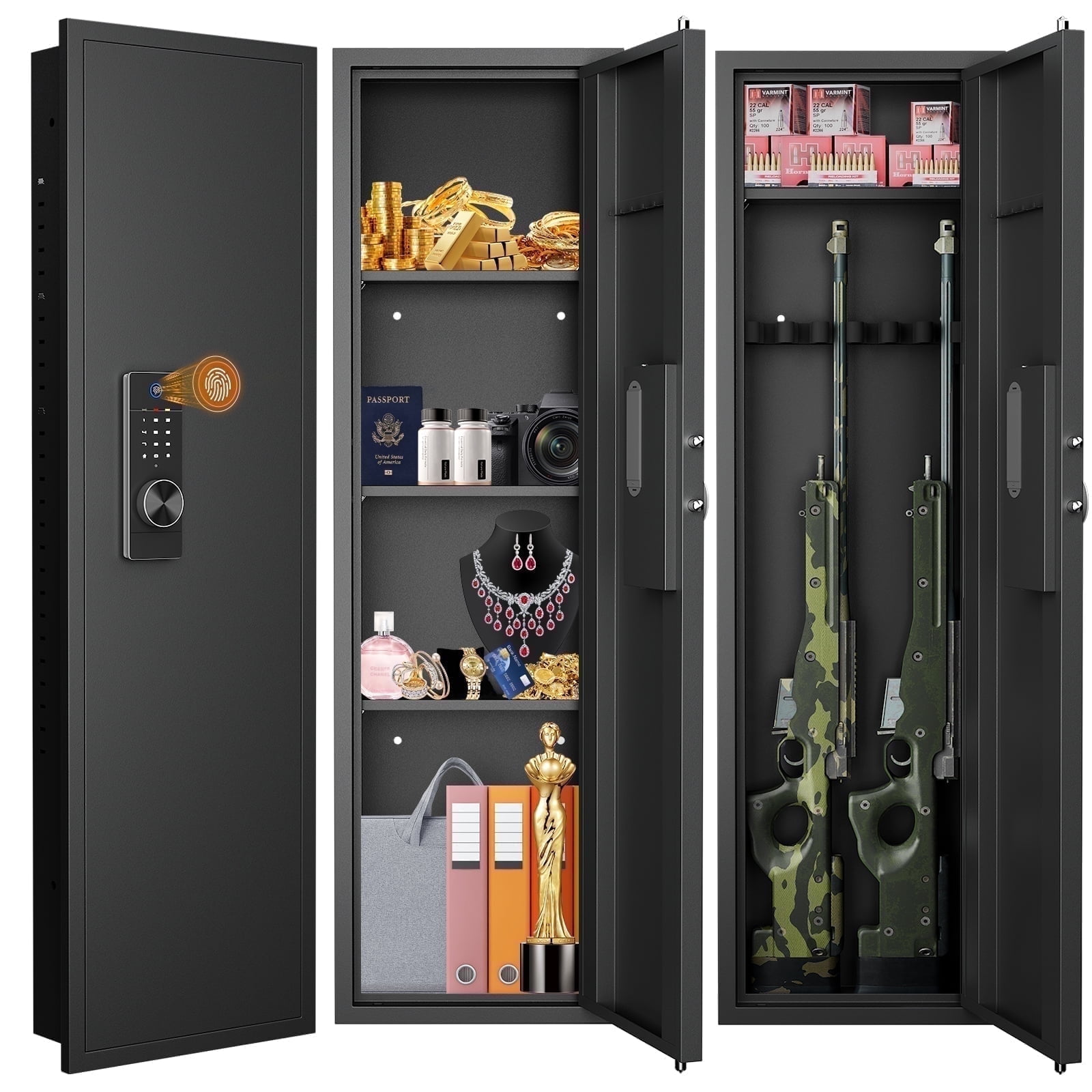53.15" Wall Gun Cabinet, Biometric Fingerprint Hidden Gun Safe With ...