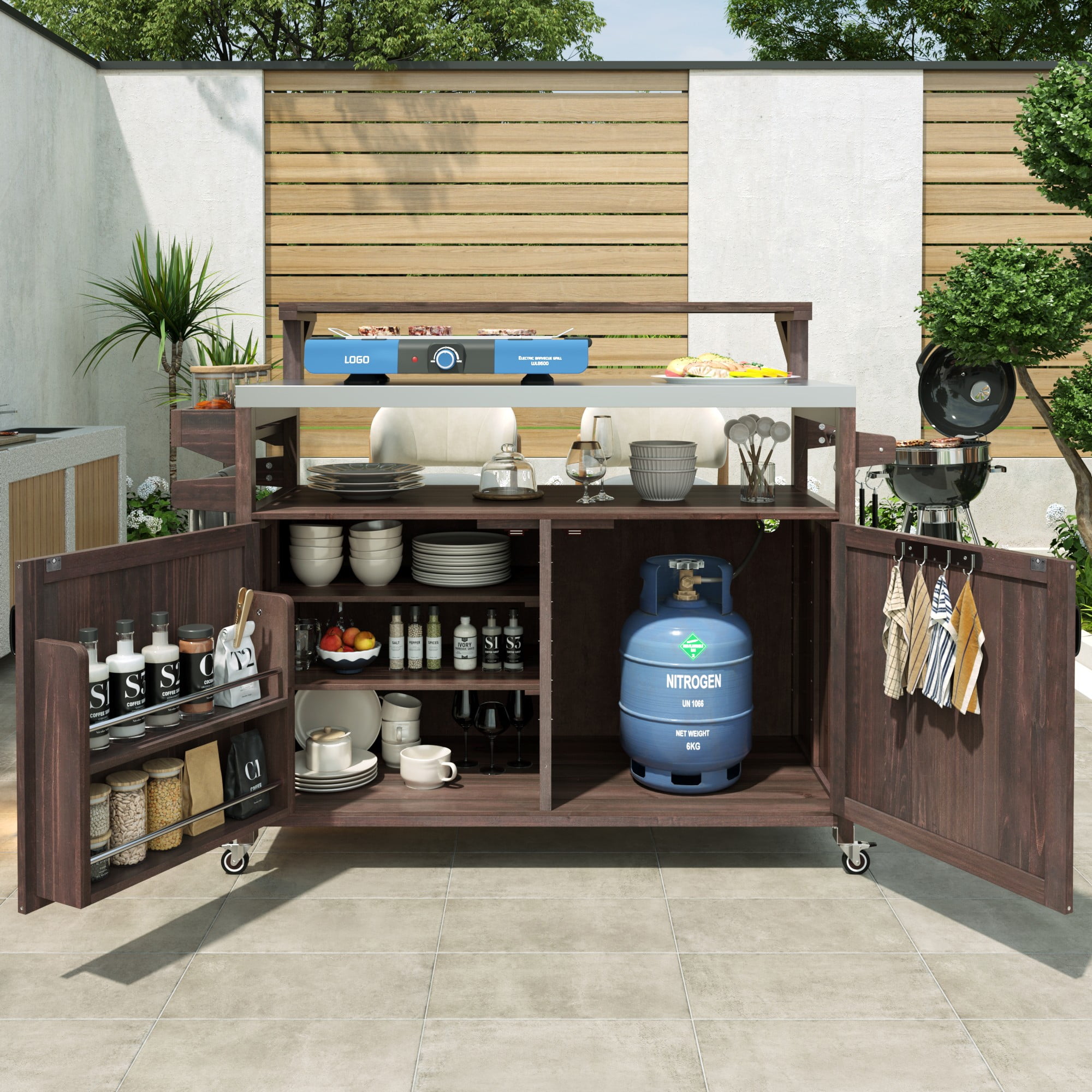 53.3" Outdoor Kitchen Island with Raised Shelf, Solid Wood Storage ...