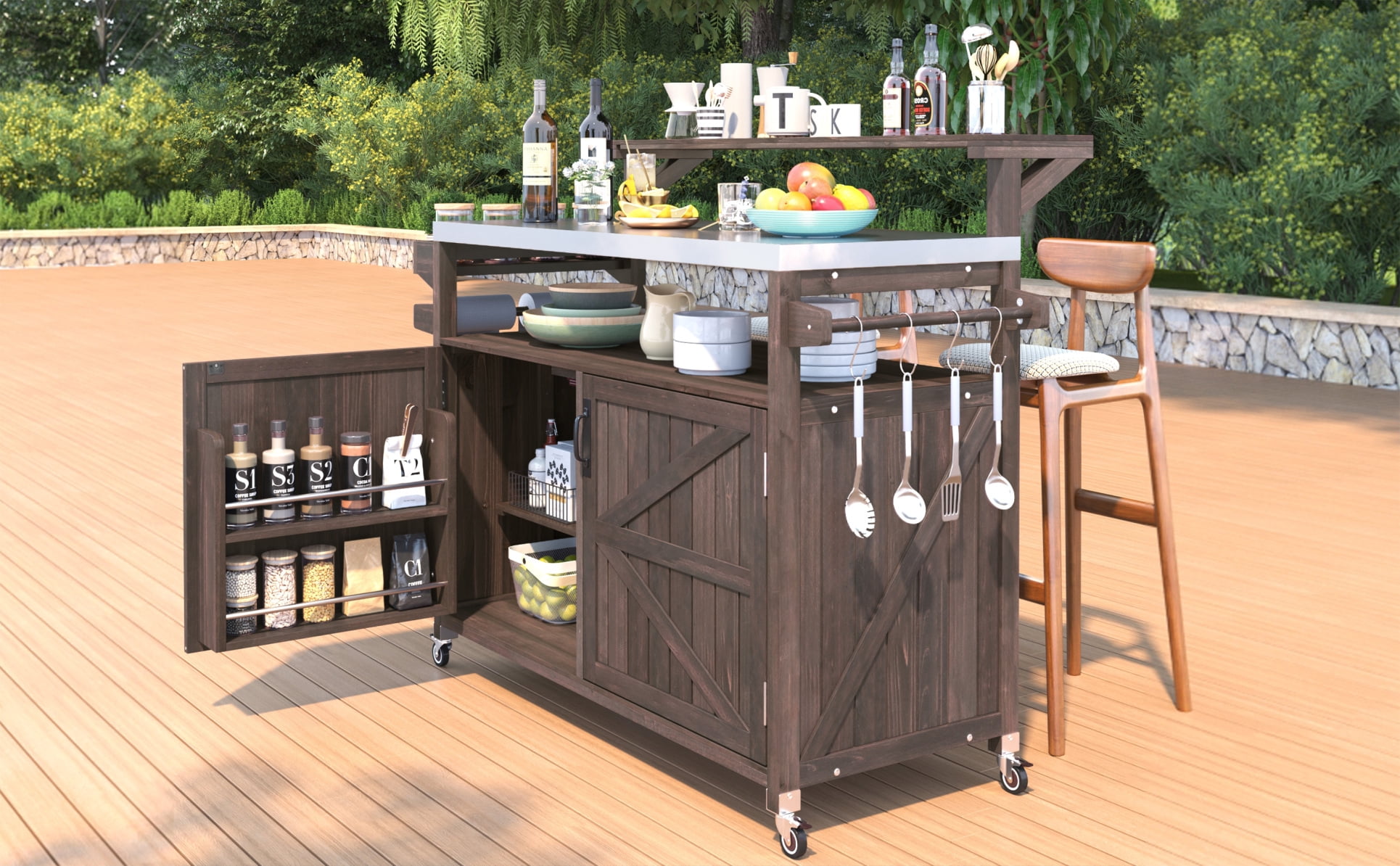 53.3" Outdoor Kitchen Island with Solid Wood Storage, Raised Prep Shelf ...