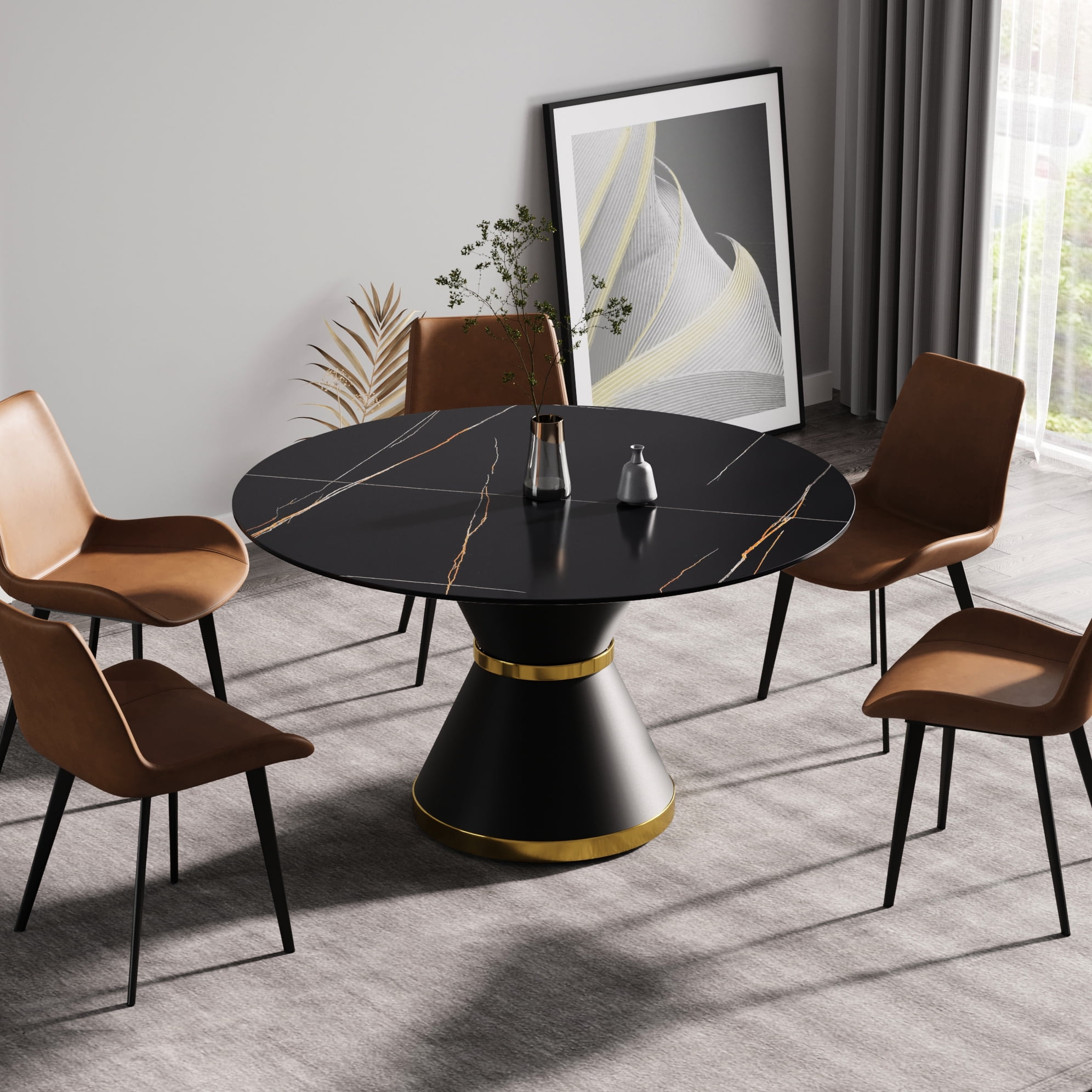 53.44" Sintered Stone Table With Black Carbon Steel Base For Meal Area ...