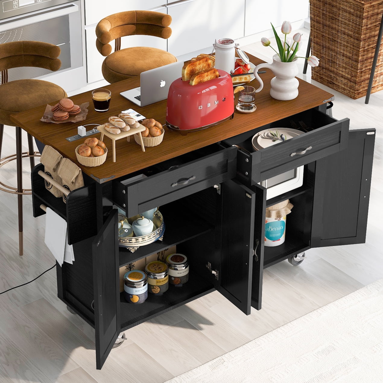 53.5'' Farmhouse Kitchen Island with Power Outlet, Kitchen Storage ...