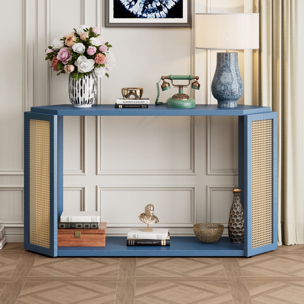 53.5 Inches Console Table with Open Shelf and Rattan Sides, Modern ...