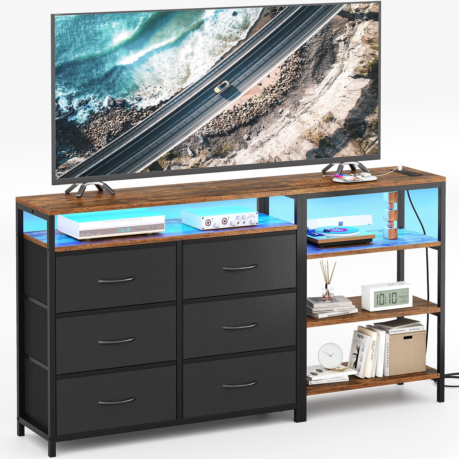 53.5 Inches TV Stand for Bedroom with Power Outlets and LED Lights, TV ...