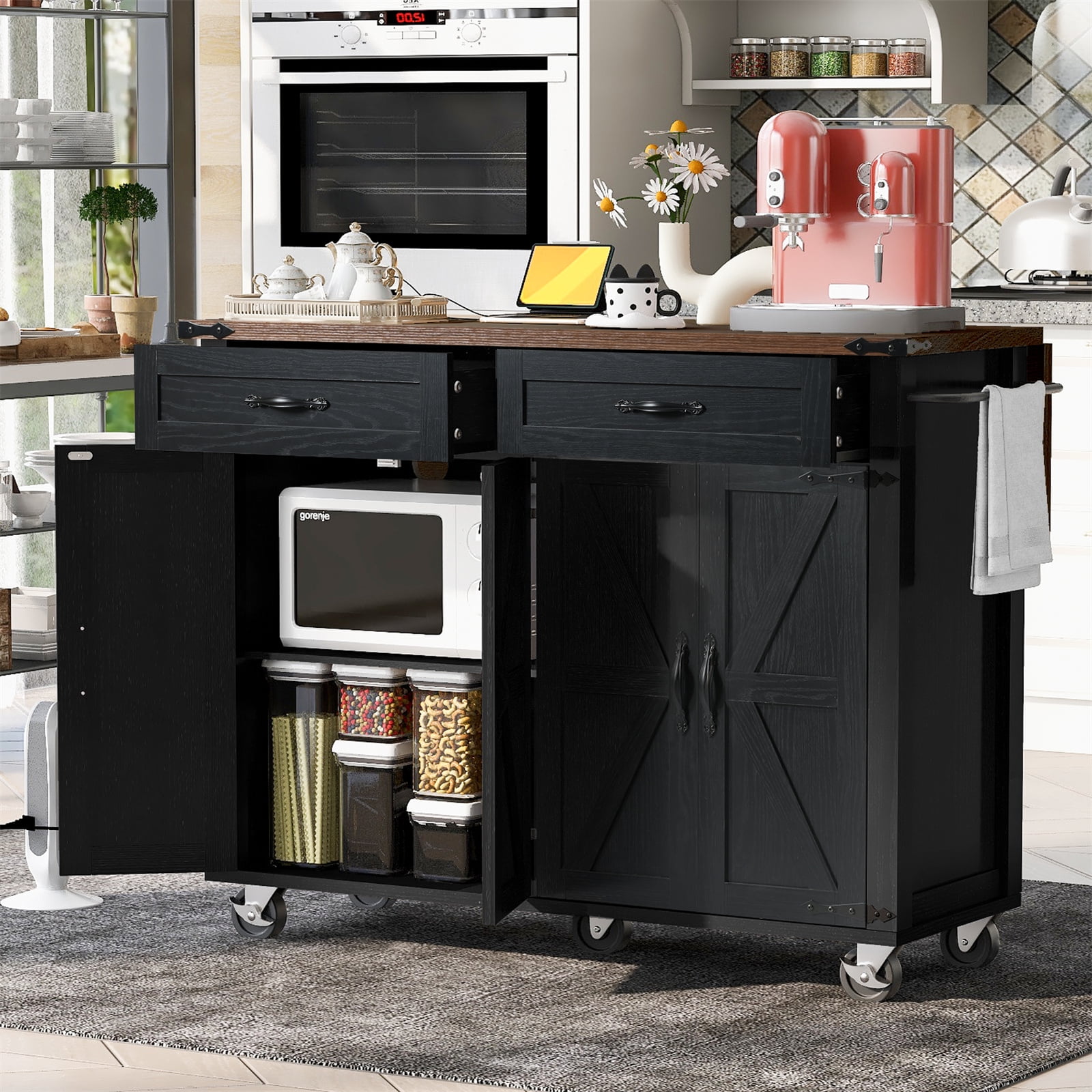 53.5'' Rolling Kitchen Carts on Wheels, Farmhouse Kitchen Island with ...