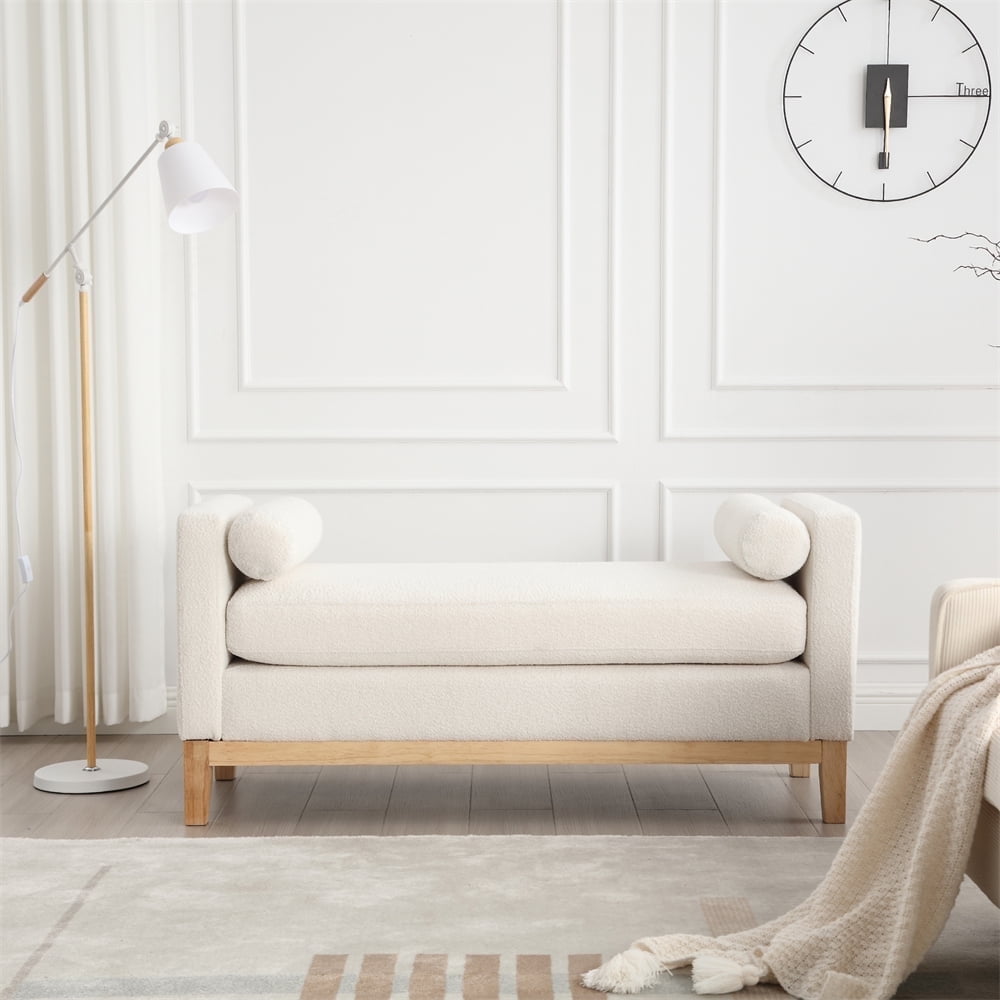53.5"W Elegant Upholstered Bench with Wood Legs & Round Pillows,Comfy ...