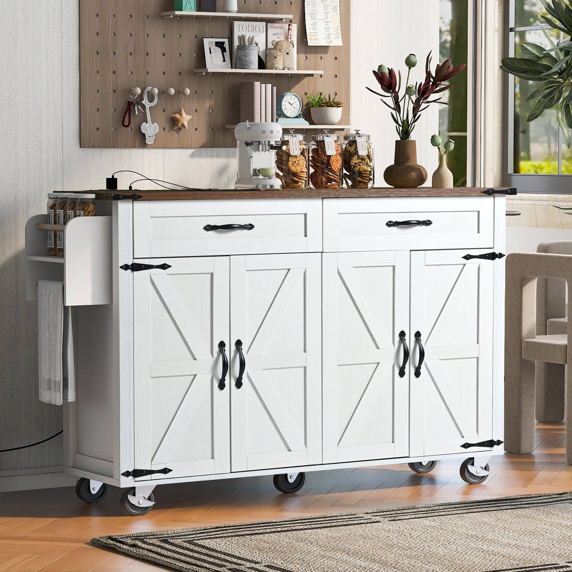 53.5"W Farmhouse Rolling Kitchen Island with Storage, Mobile Kitchen ...