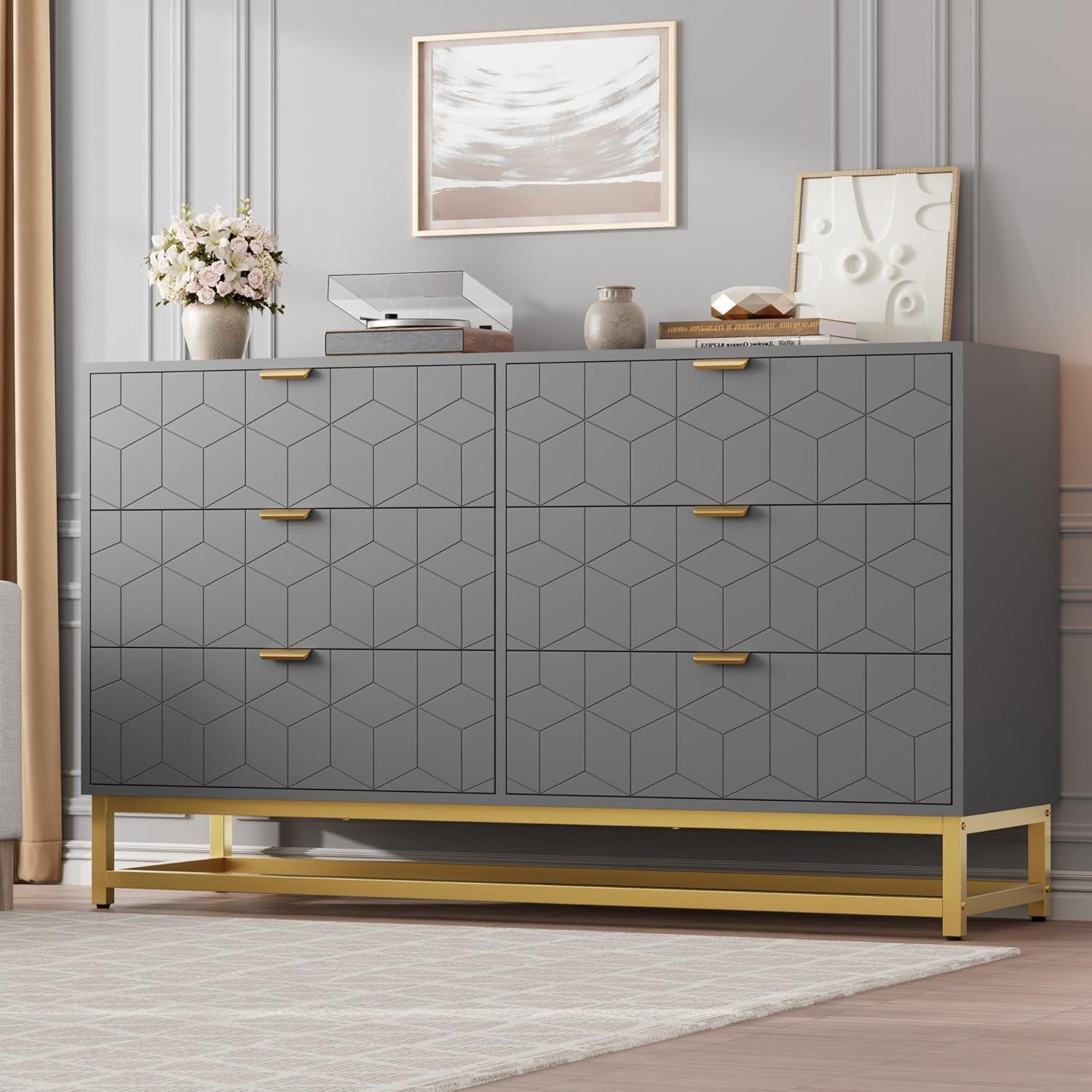 53.5 inch Wide Modern 6 Drawer Dresser Wide Chest with Gold Metal Legs ...
