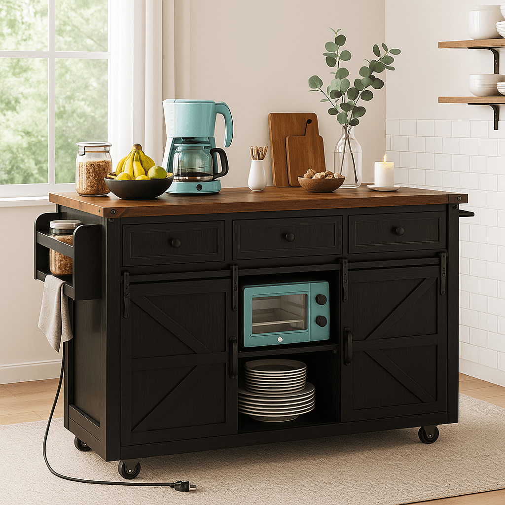 53.7" Farmhouse Kitchen Island with Power Outlets, Double Sliding Barn ...