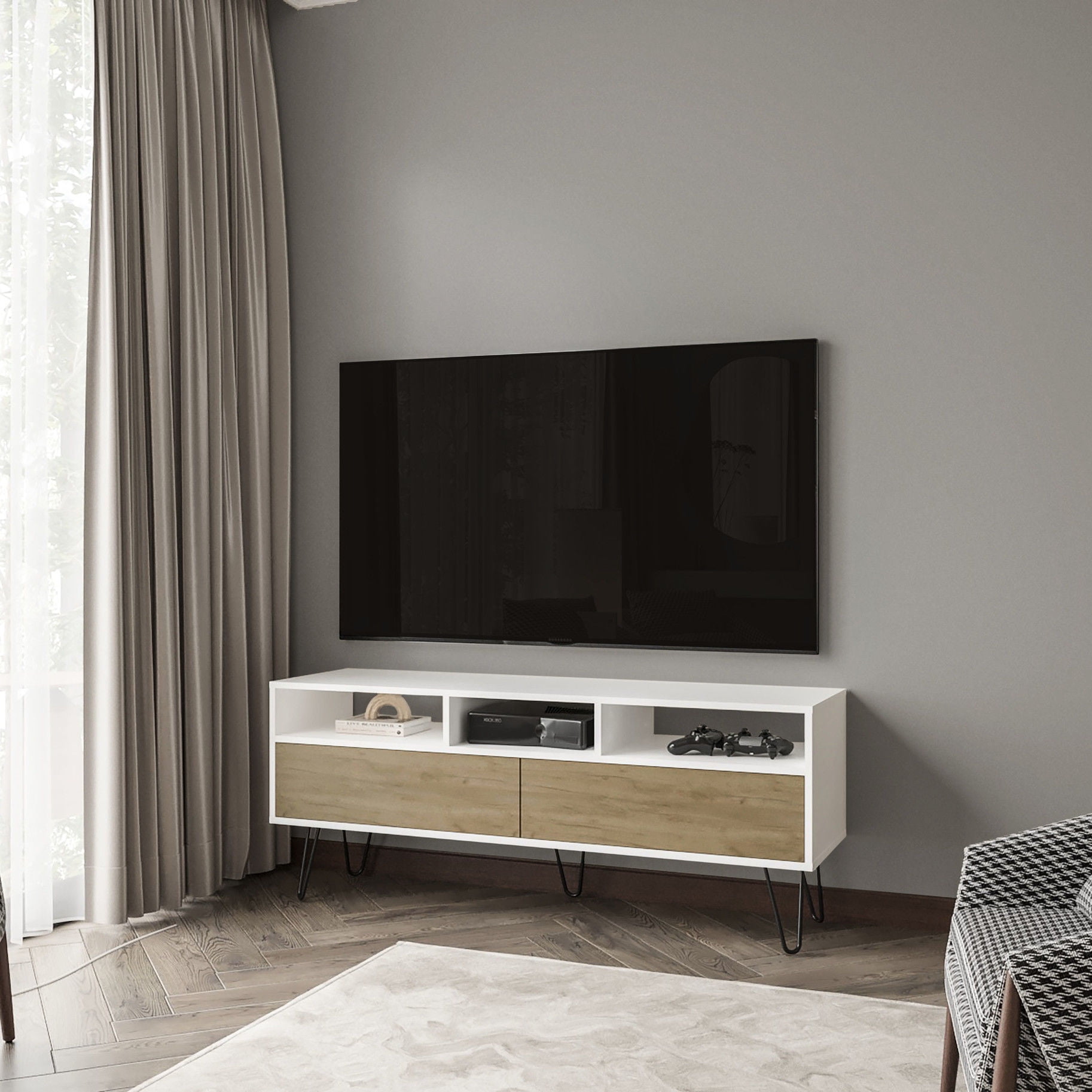 53.8" W TV Stand, 2 Doors for Concealed Items, Open Space for Devices ...