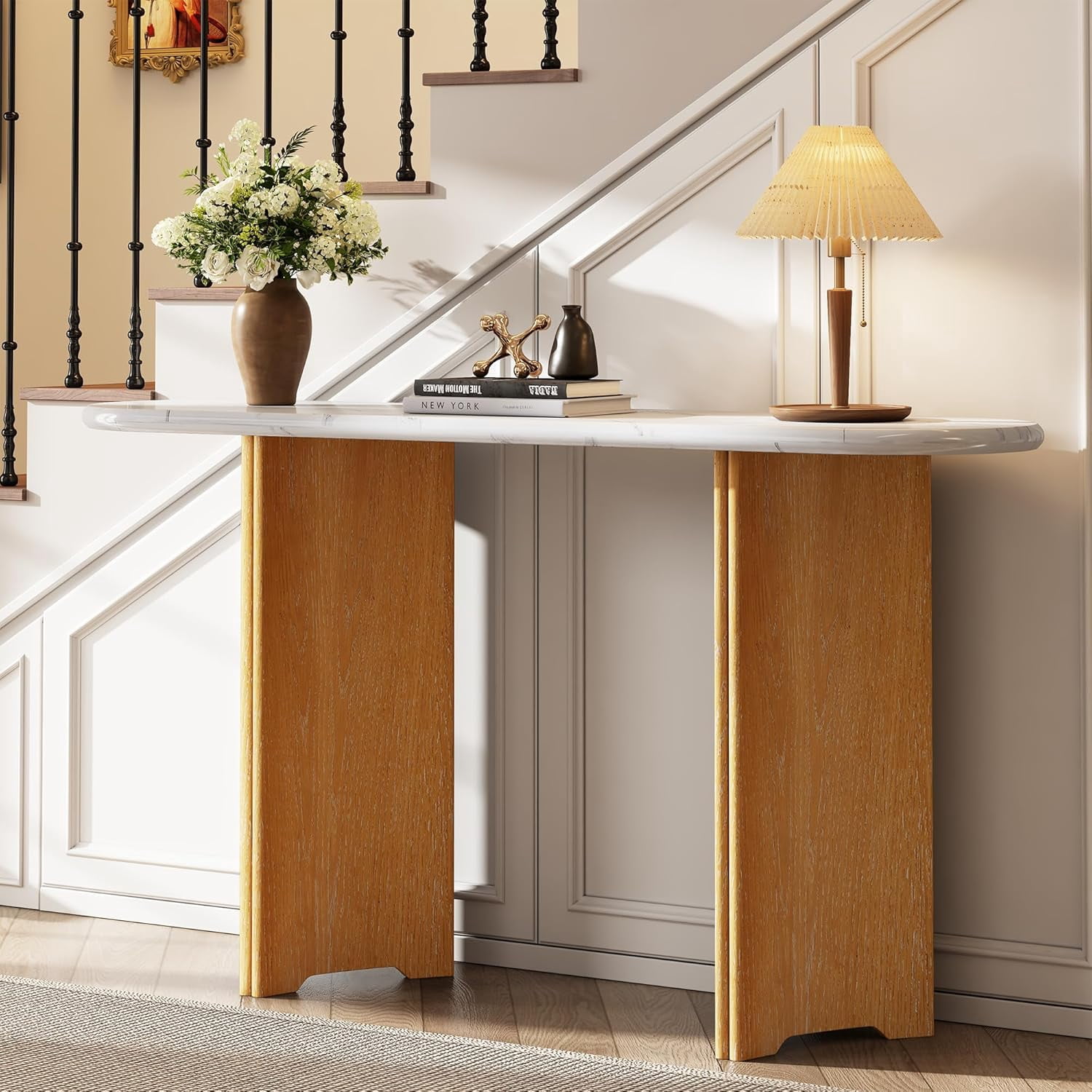 53.9" Modern Console Table with Oval Marble Top, Rustic Couch Table ...