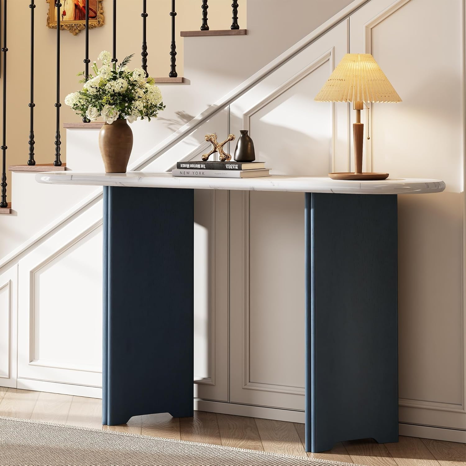 53.9" Modern Console Table with Oval Marble Top, Rustic Couch Table ...